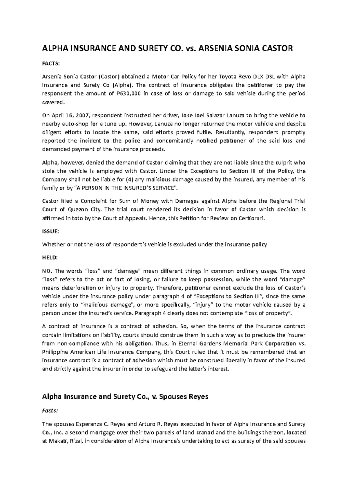 Insurance Case - ALPHA INSURANCE AND SURETY CO. vs. ARSENIA SONIA ...