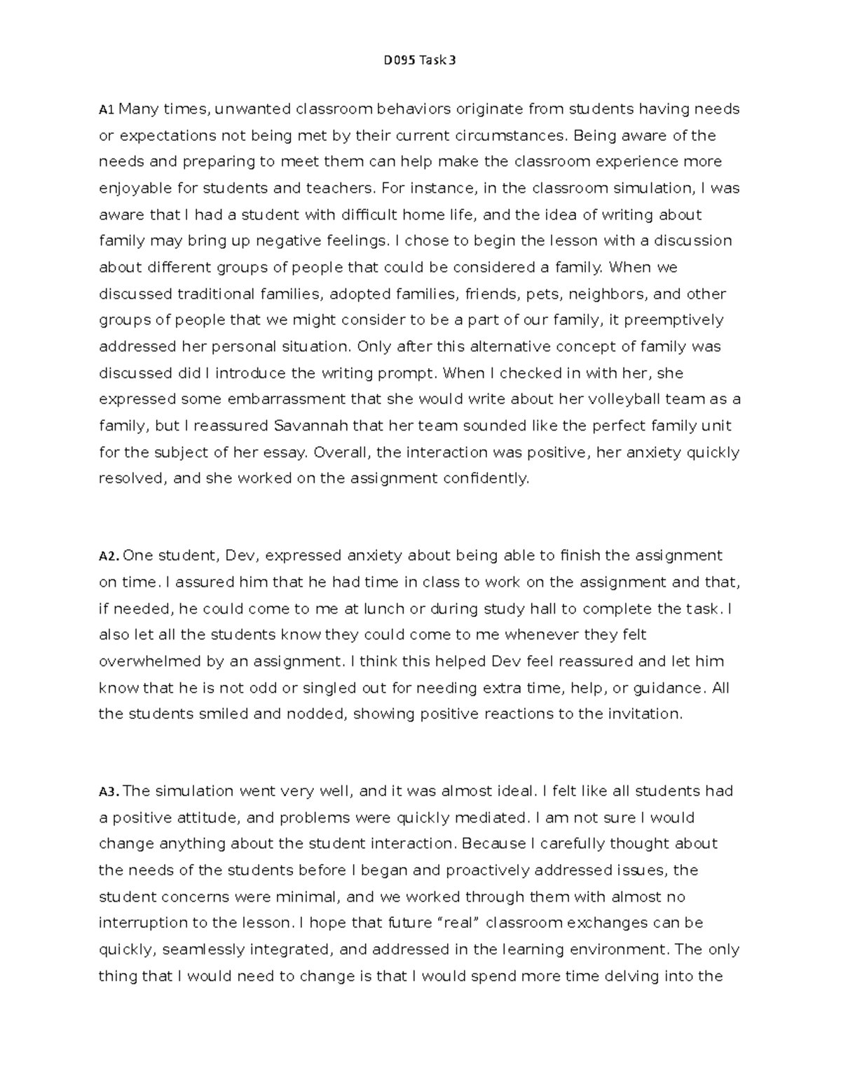 D095task3 - task 3 - D095 Task 3 A1 Many times, unwanted classroom ...