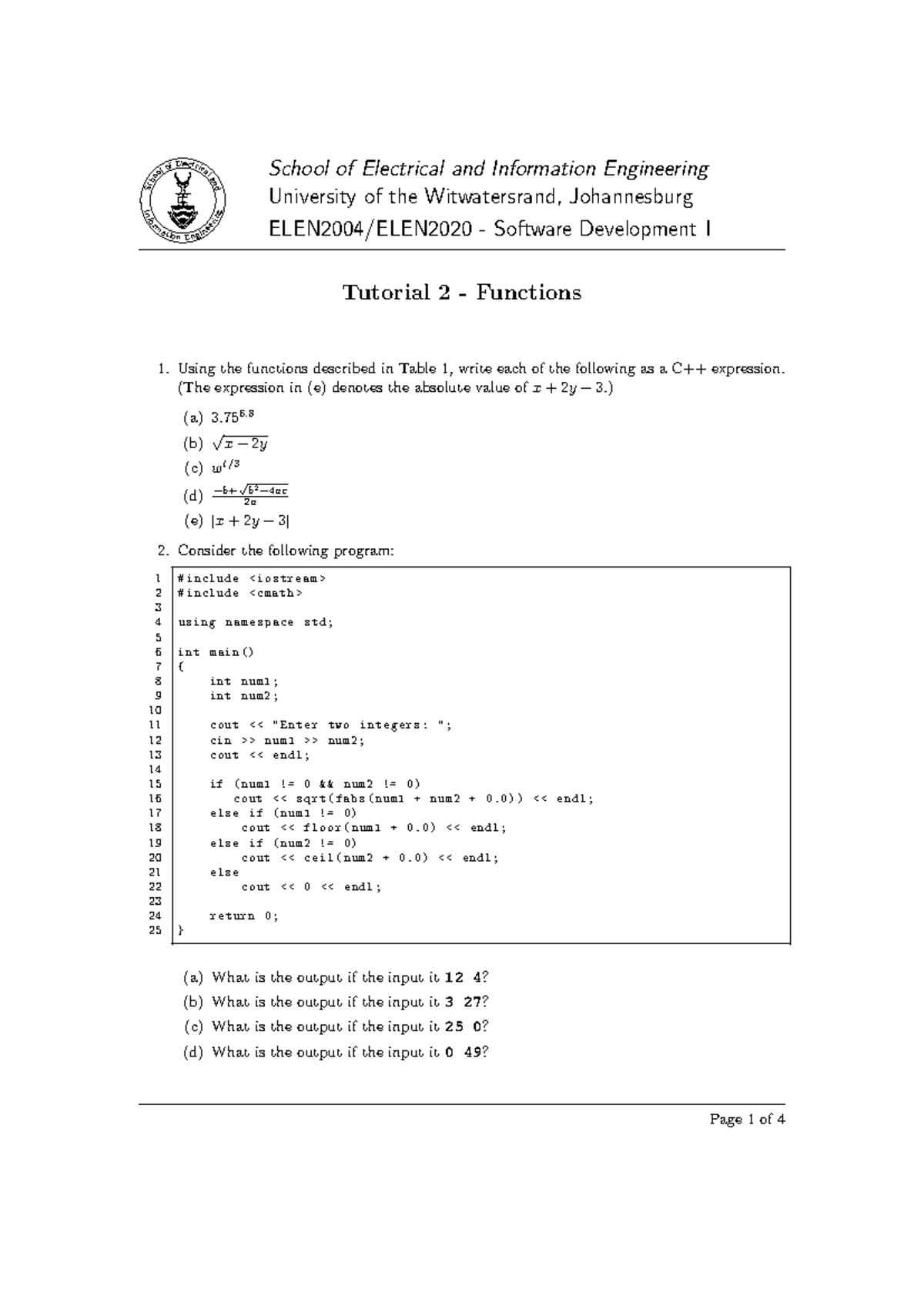 ELEN2020 A Tut 2 2024 - S c h o o l o f E l e c t r i c a l a n d I n f o r m a t i o nE n g i n ...