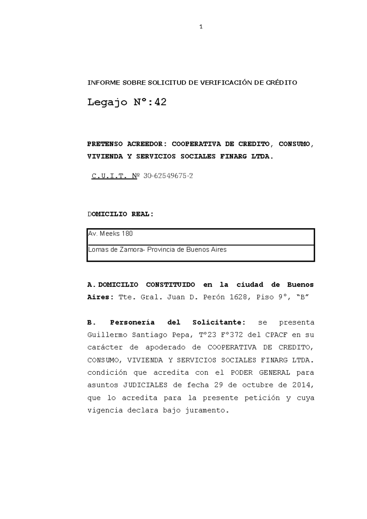 COOP. Finarg LEG 42 - Informe para trabajo practico - INFORME SOBRE ...