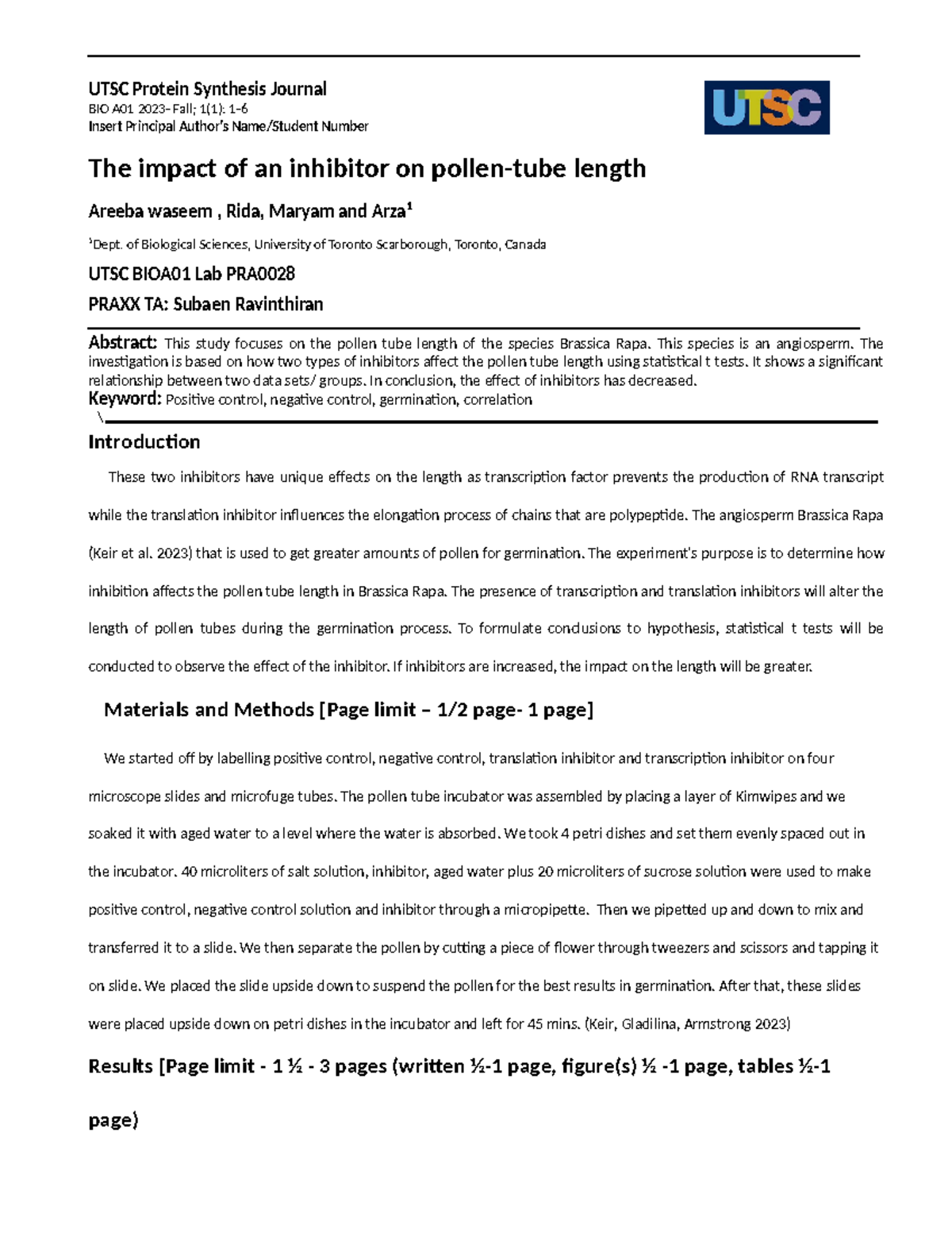 BIOA01 Formal Lab Report - UTSC Protein Synthesis Journal BIO A01 2023 ...
