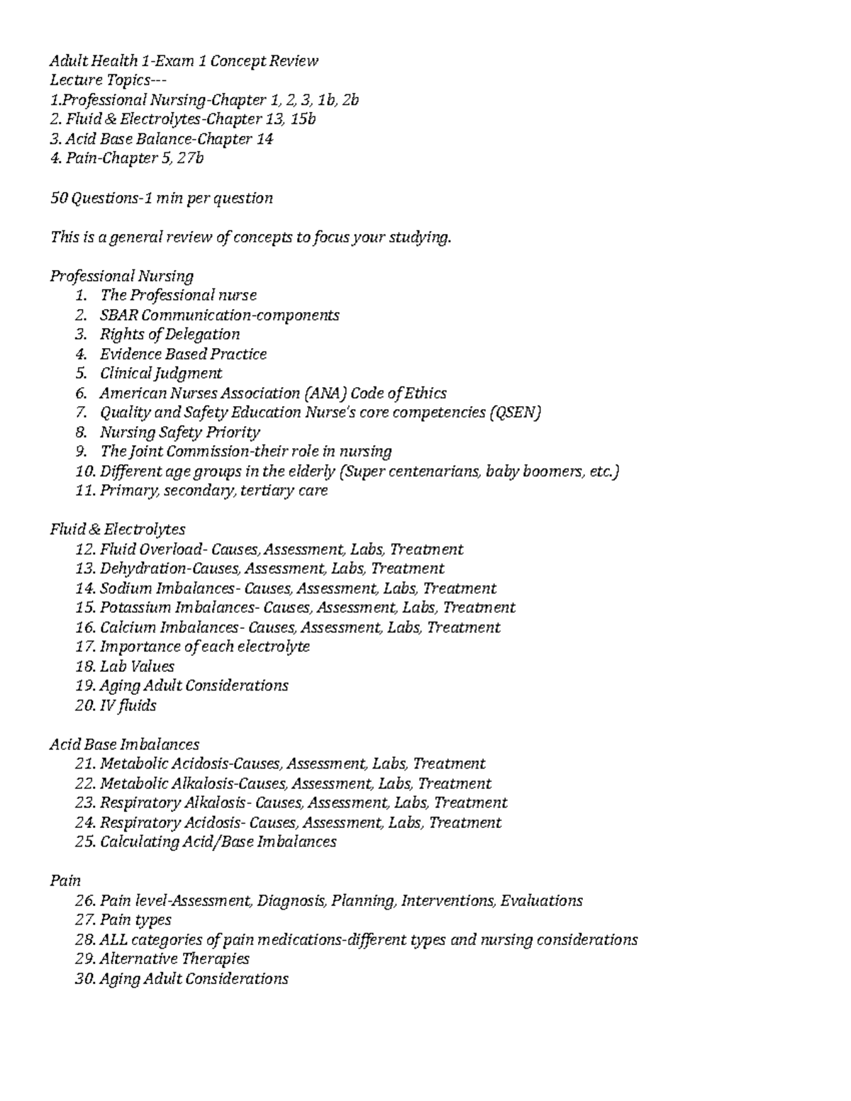 AH1 Exam 1 Concept Review - Adult Health 1-Exam 1 Concept Review ...