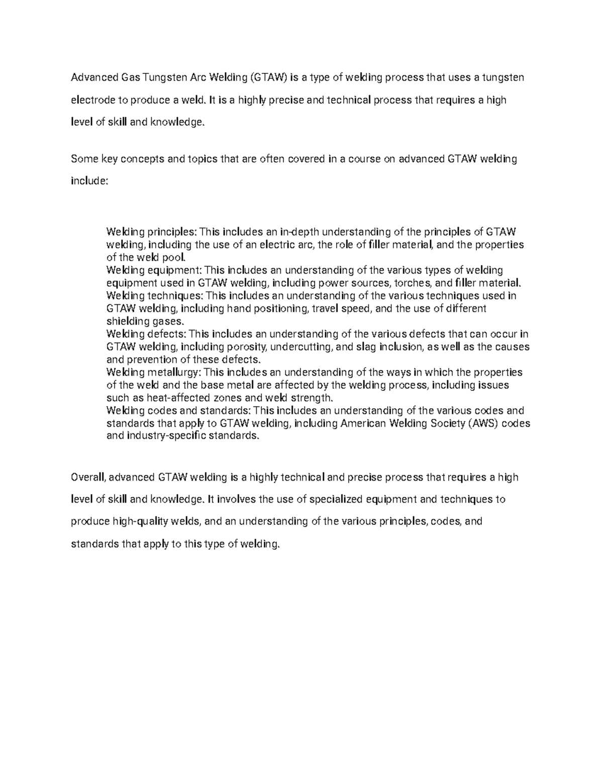 AA - notes - Advanced Gas Tungsten Arc Welding (GTAW) is a type of ...