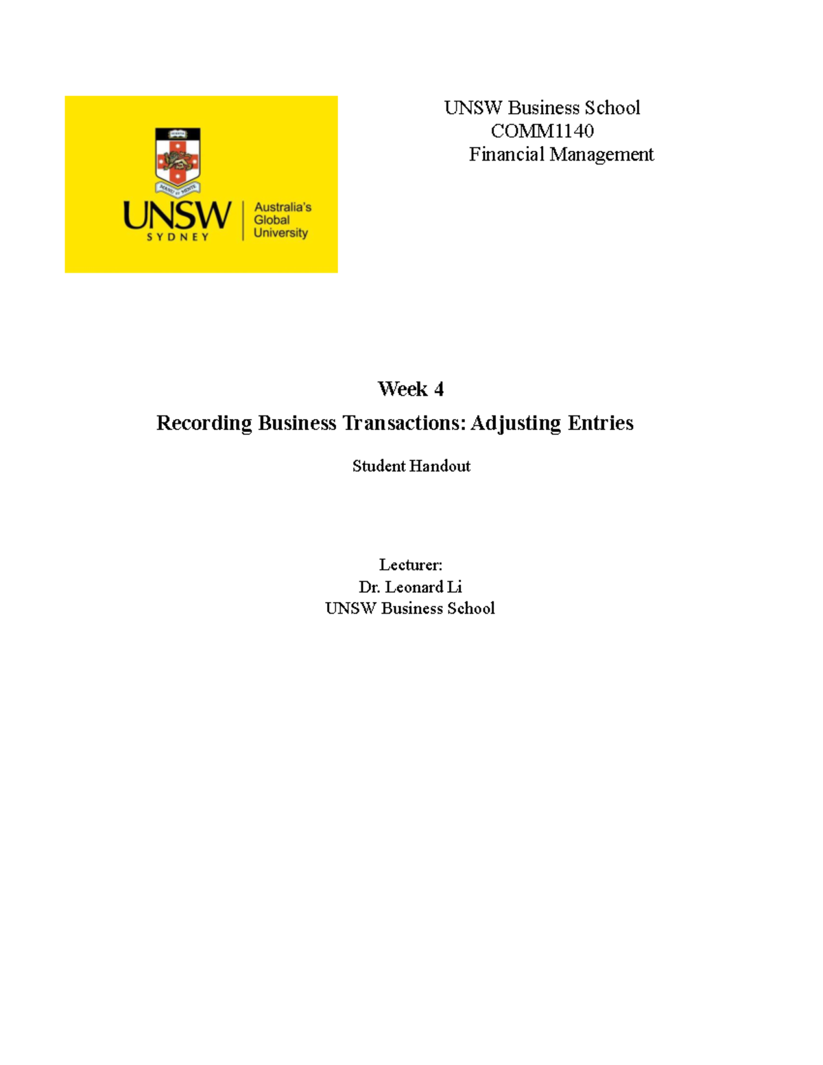 Week 4 Handout - UNSW Business School COMM Financial Management Week 4 ...