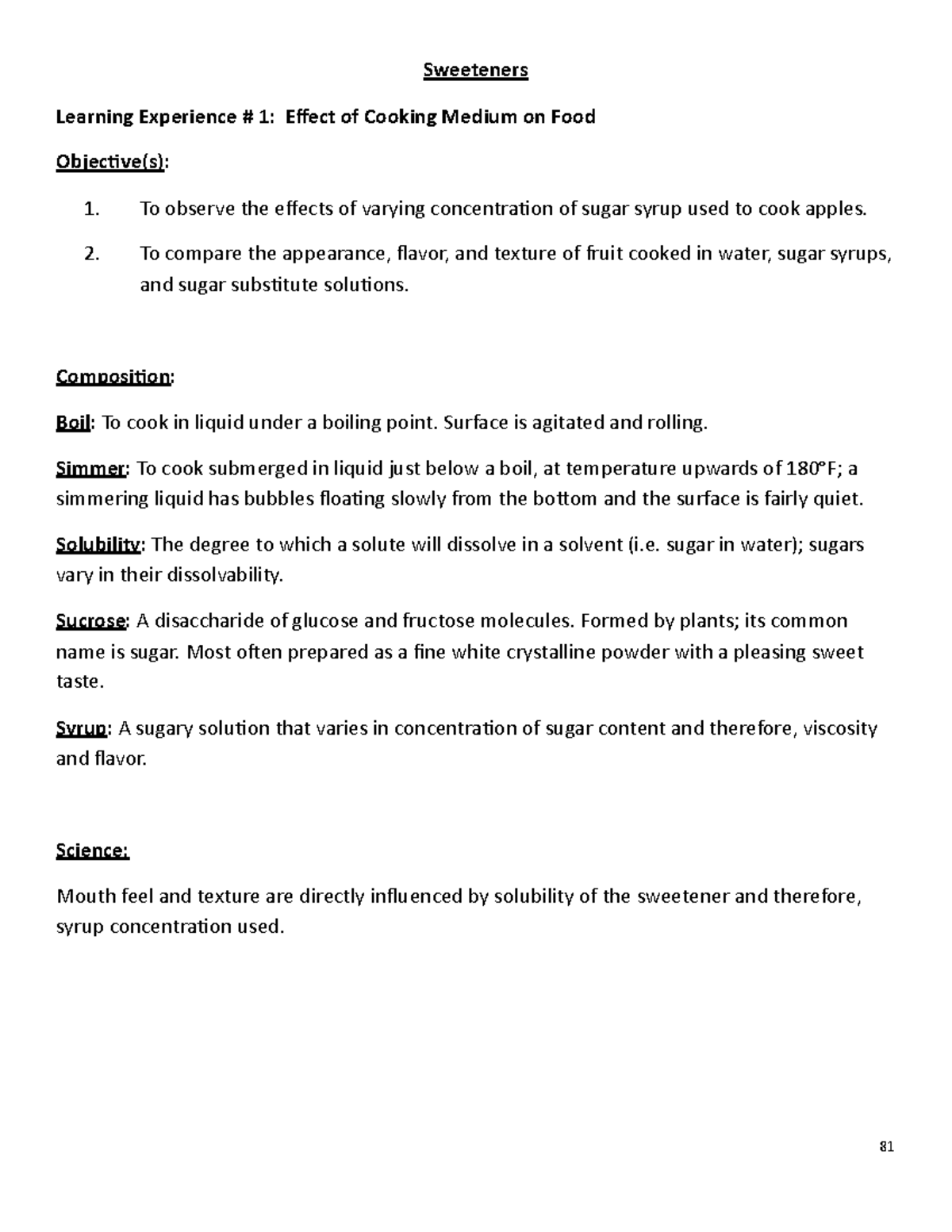 Lab 13 Sweeteners (Pdf) - Sweeteners Learning Experience # 1: Effect of ...
