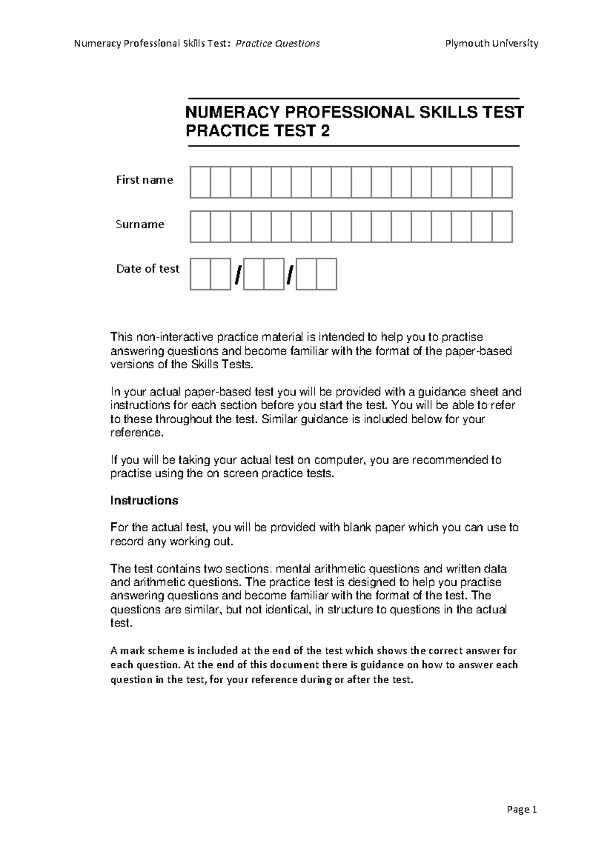 Numeracy skills test - NUMERACY PROFESSIONAL SKILLS TEST PRACTICE TEST ...