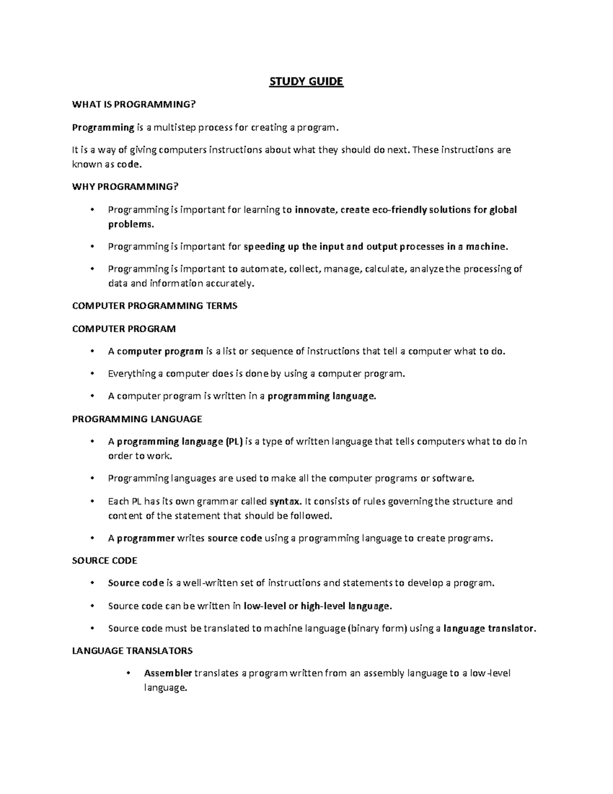 [M1- Guide] - STUDY GUIDE WHAT IS PROGRAMMING? Programming is a ...