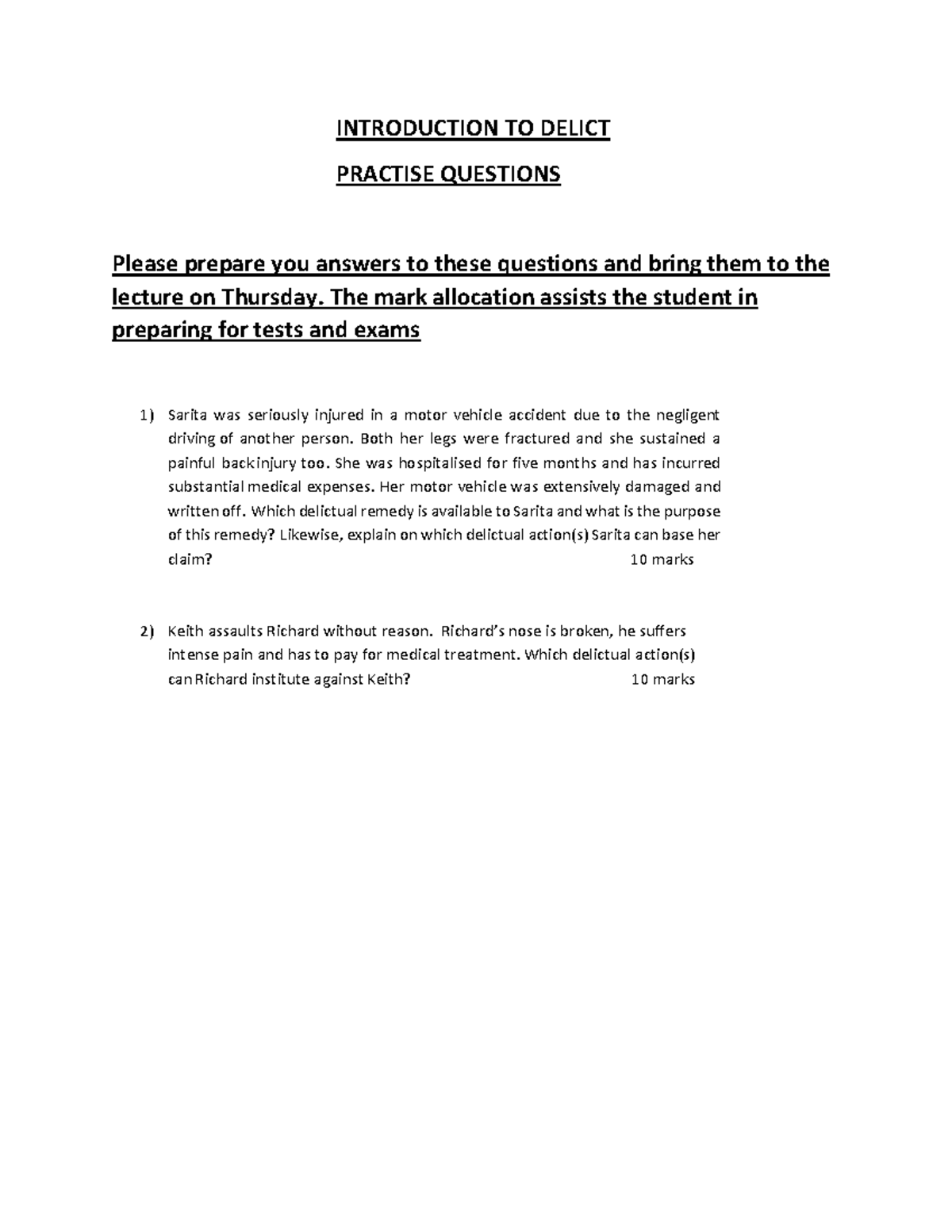 Introduction to delict practise questions - UJ - Studocu