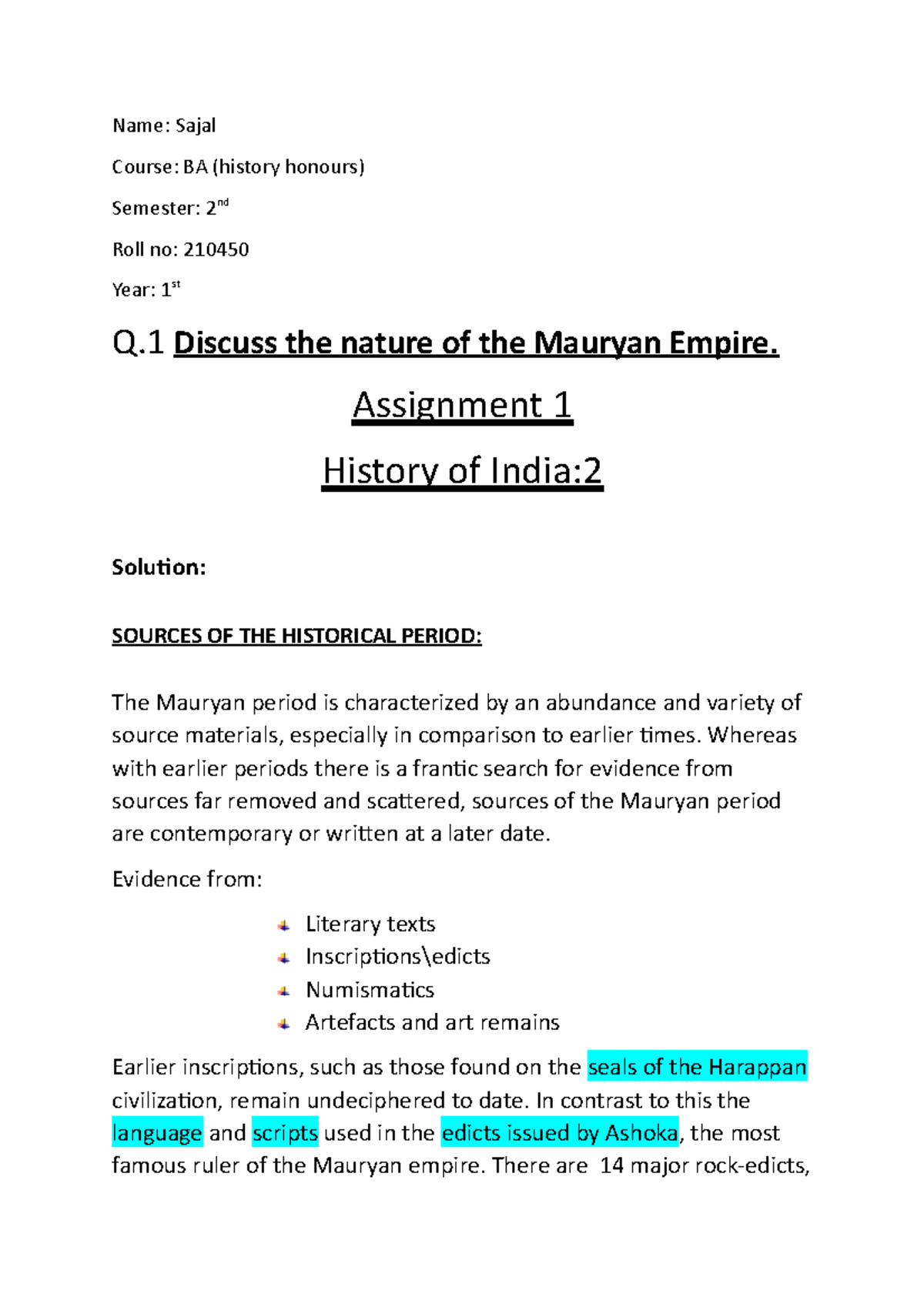 History of India sem 2 assignment - Name: Sajal Course: BA (history ...