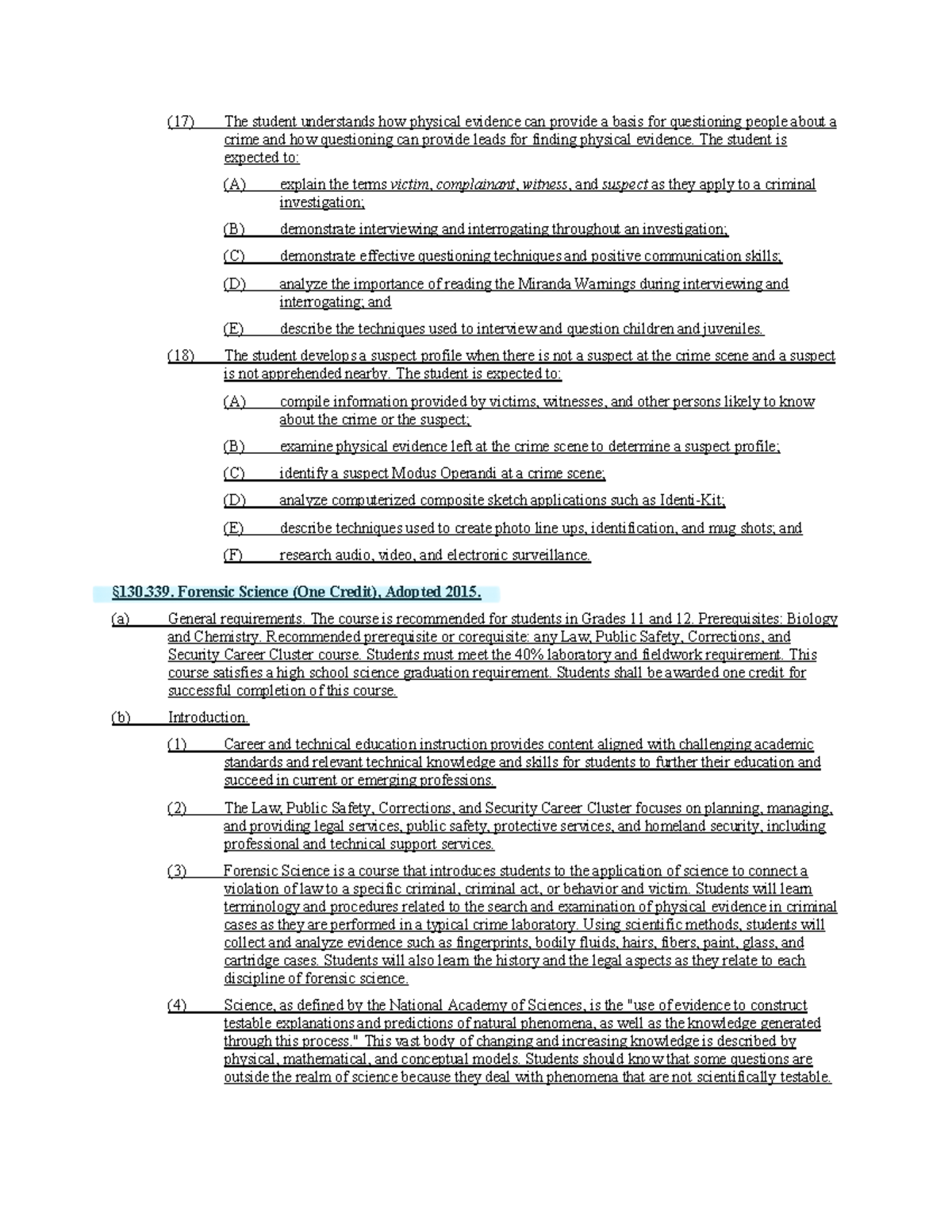 Forensic science teks - n/a - (17) The student understands how physical ...