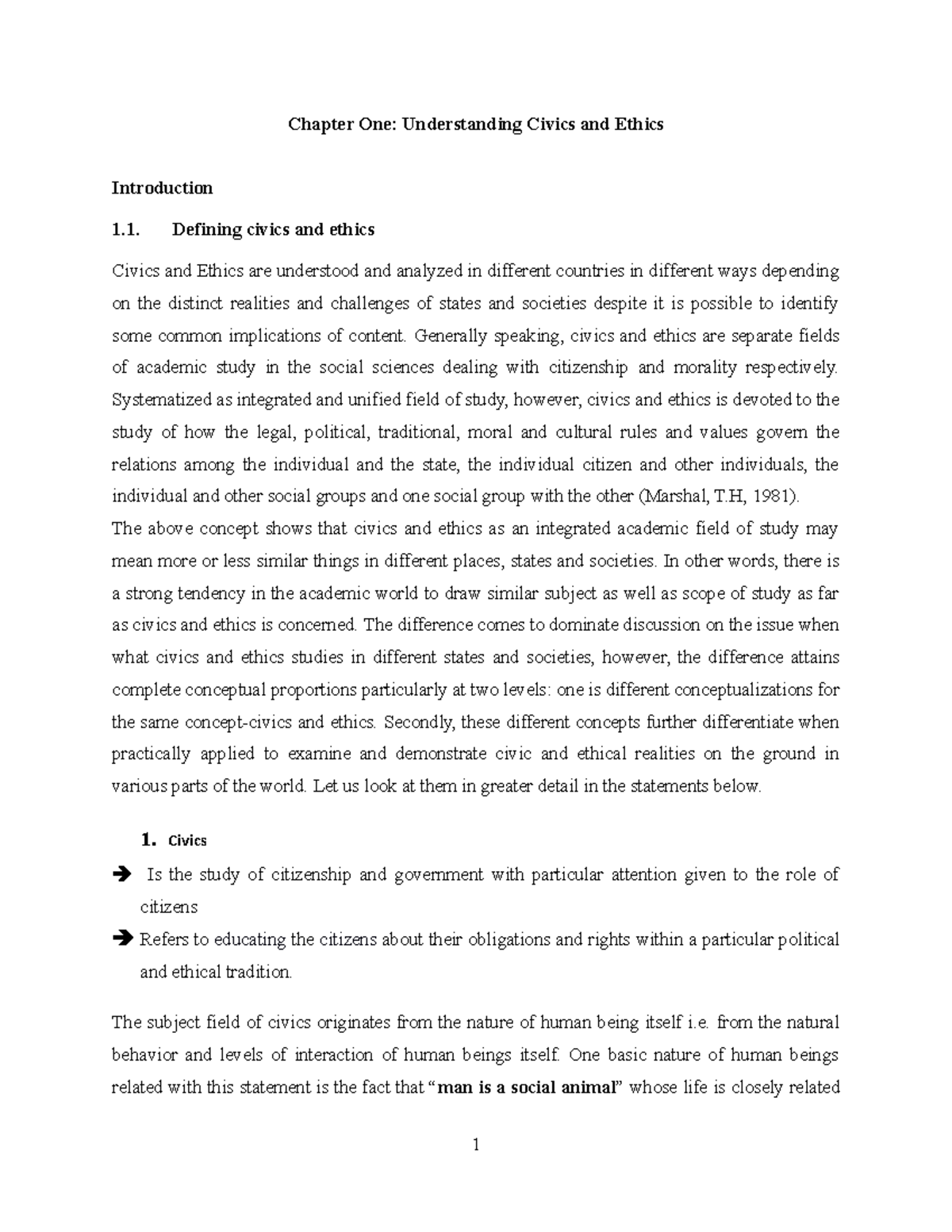 1Chapter -One - course subject - Chapter One: Understanding Civics and ...