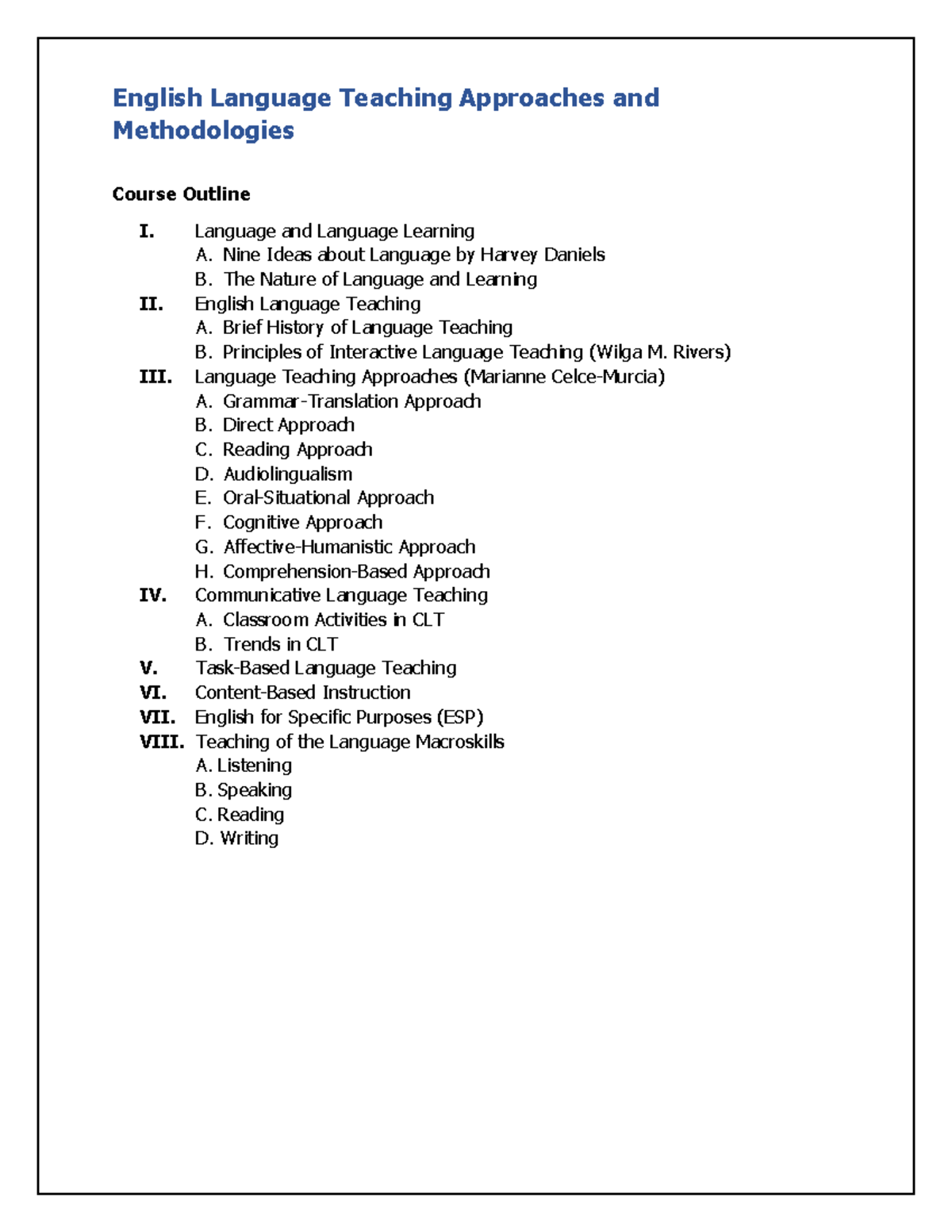 ELT Approaches and Methodologies Course Outline - English Language ...