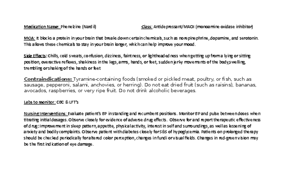 Benzatrophine - med cards - Medication Name: Phenelzine (Nardil) Class ...