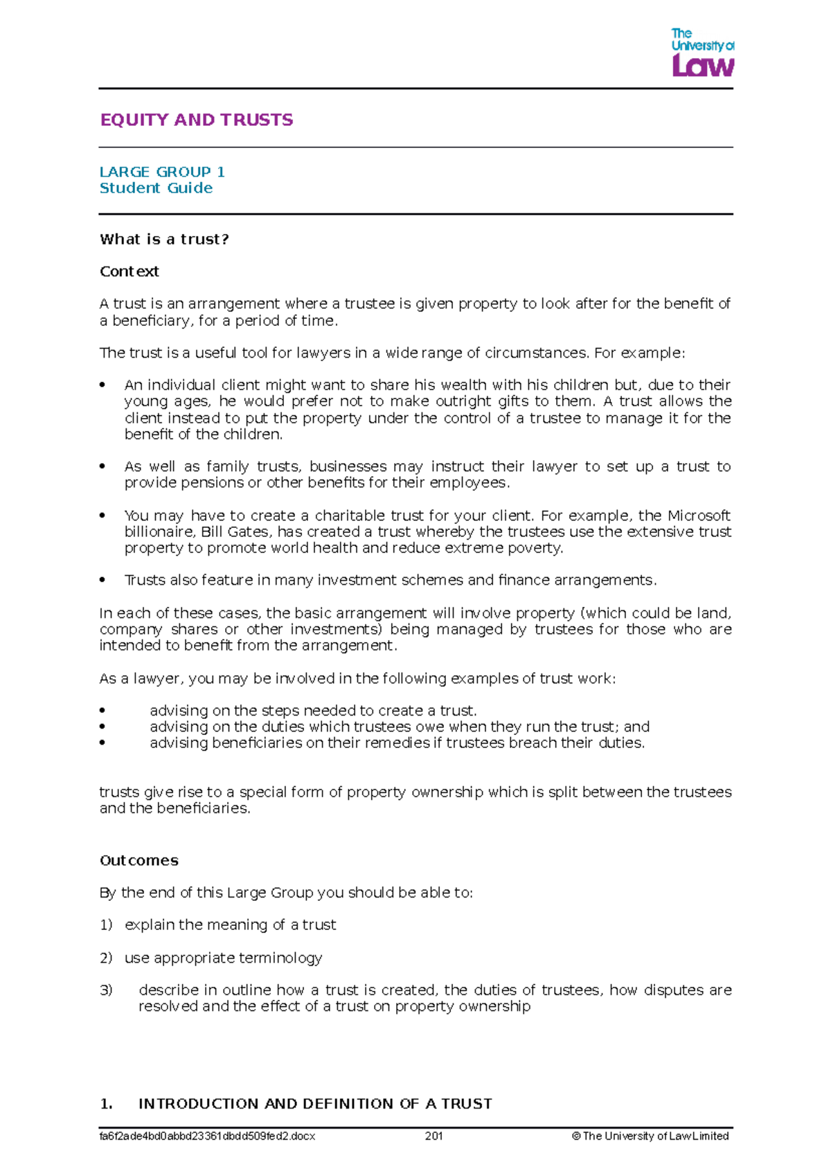 1 - equity and trust workshop 7 lecture note - EQUITY AND TRUSTS LARGE GROUP 1 Student Guide ...