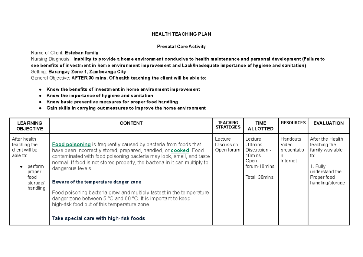Health Teaching PLAN - HEALTH TEACHING PLAN Prenatal Care Activity Name ...
