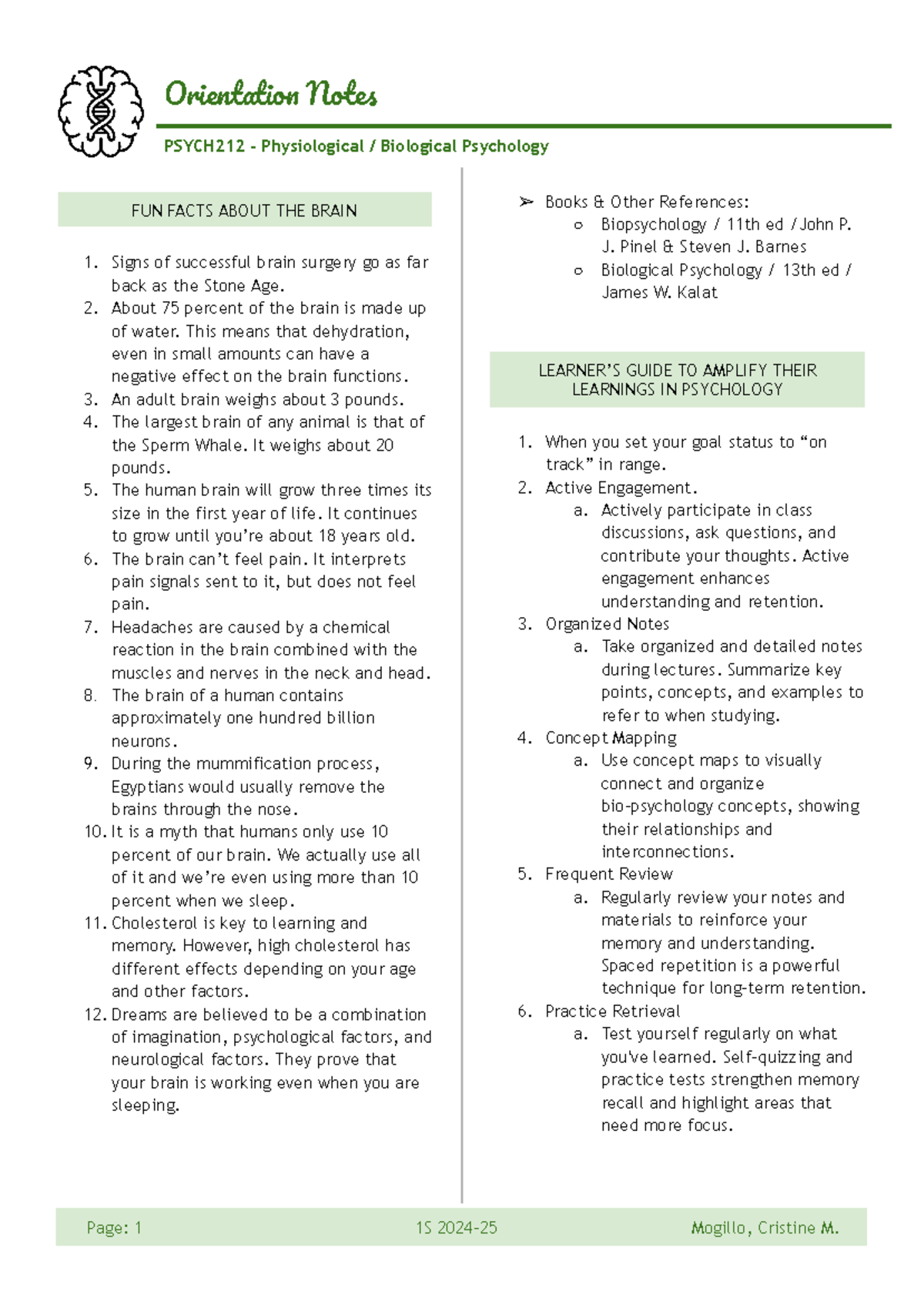 Bio-Psych. Orientation Notes - Orientatio Note PSYCH212 - Physiological ...