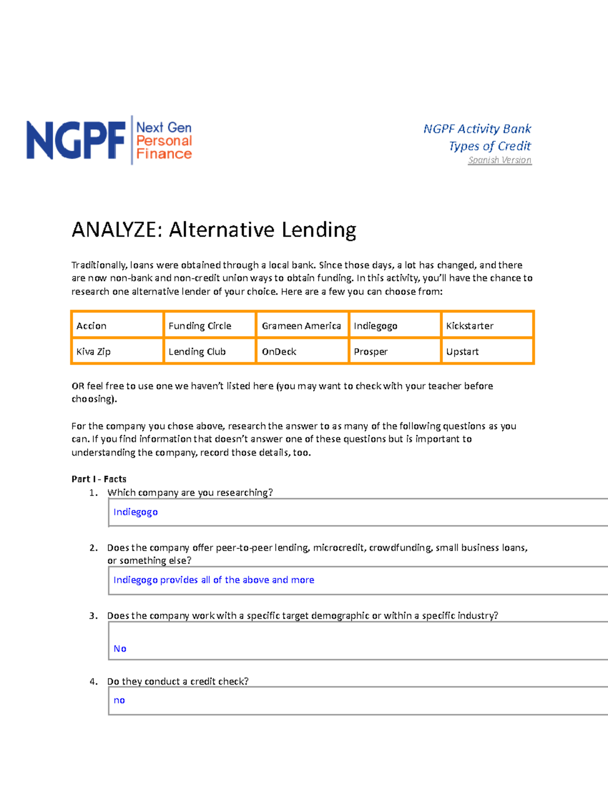 Untitled Document NGPF Activity Bank Types Of Credit Spanish Version