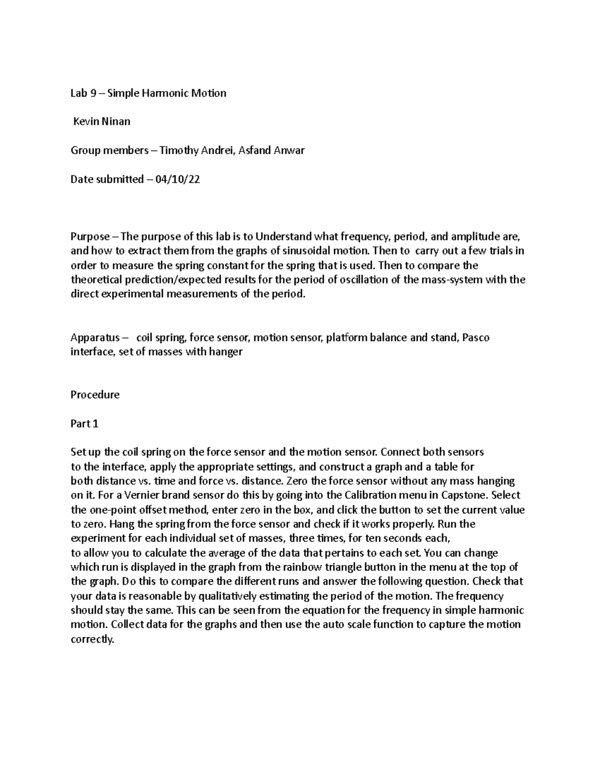 Lab 9 Simple Harmonic Motion - Studocu