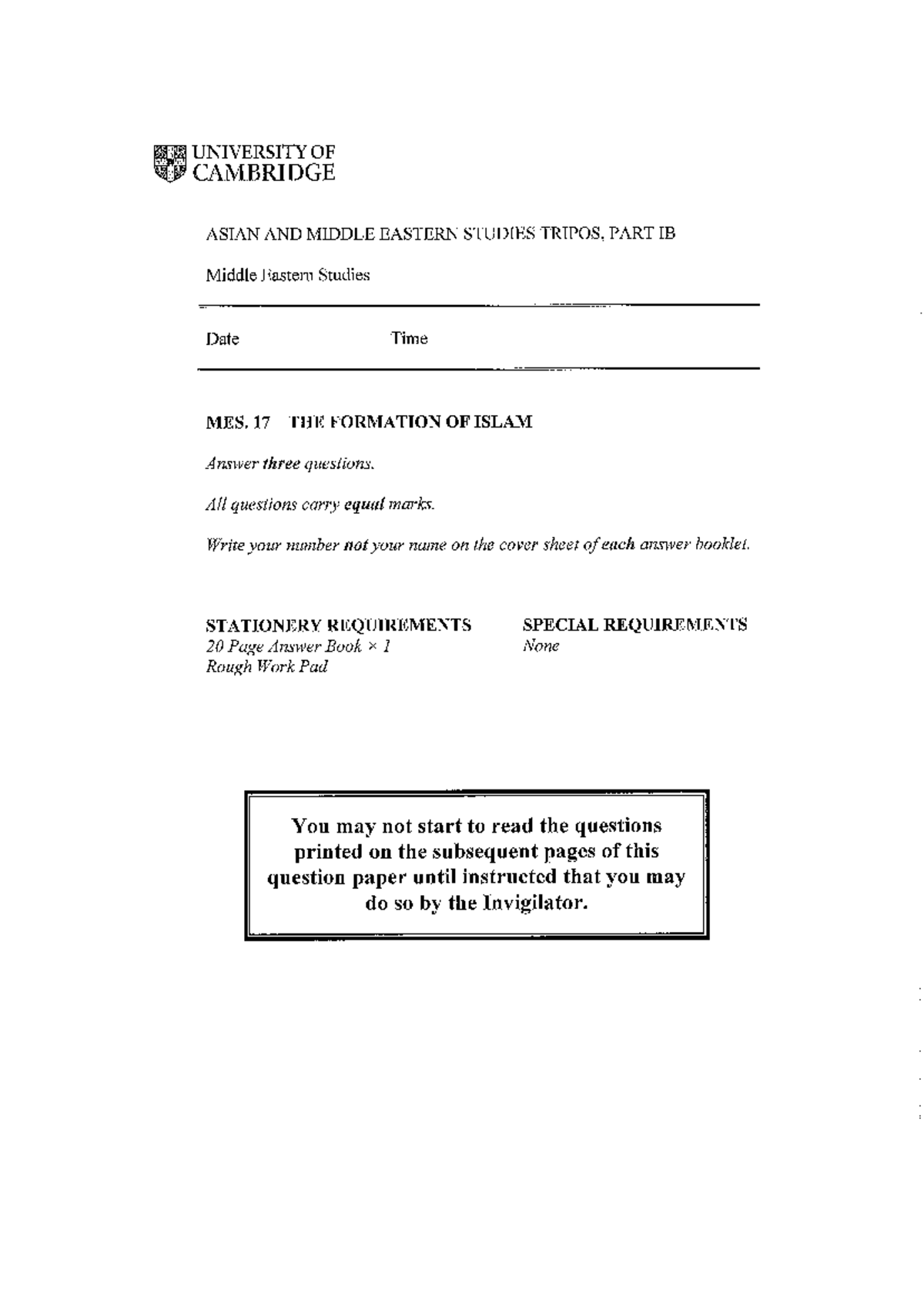 Exam 2013, questions - UNIVERSITY OF CAMBRIDGE ASIAN AND MIDDLE EASTERN ...