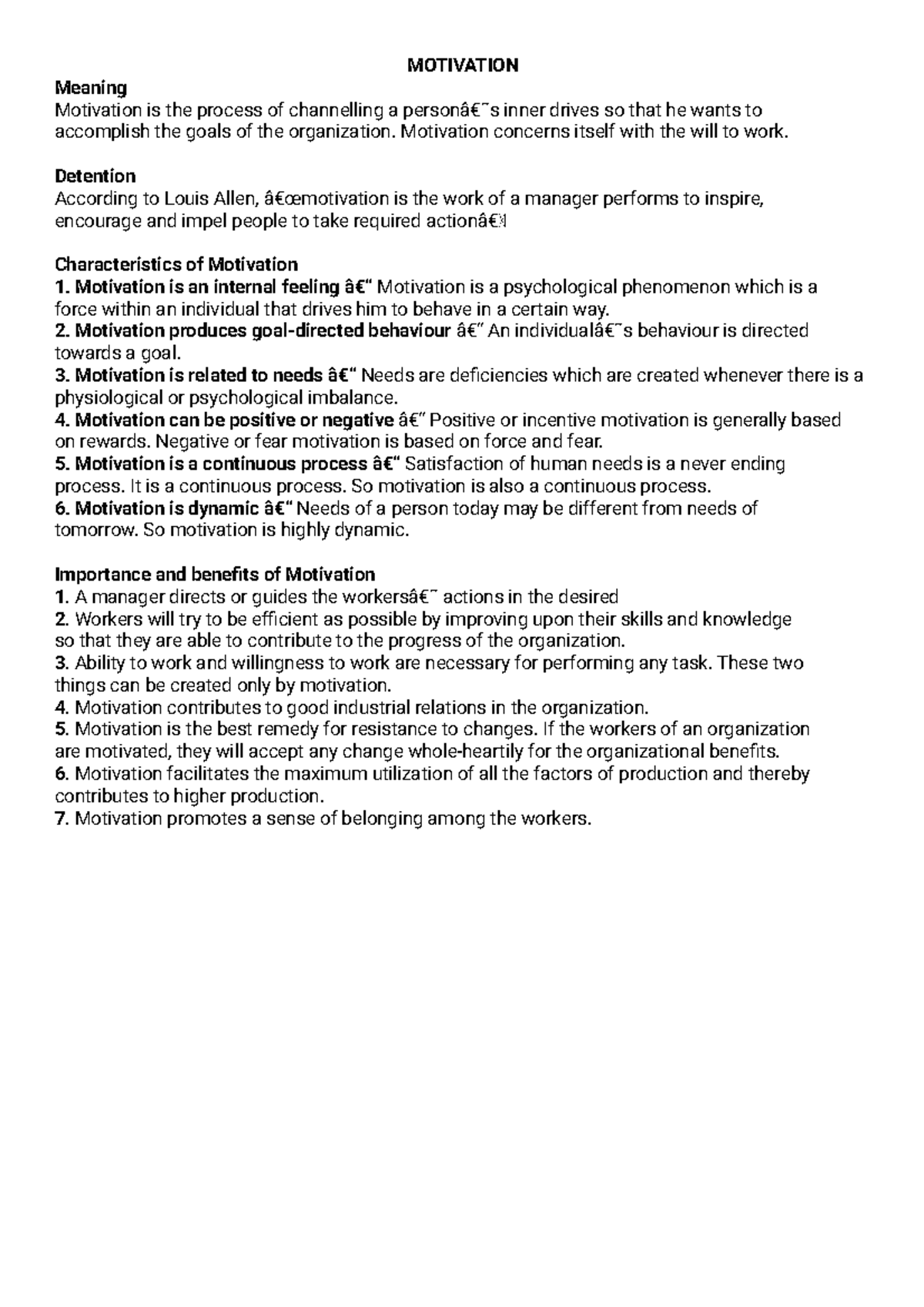 Motivation - Notes - MOTIVATION Meaning Motivation is the process of ...