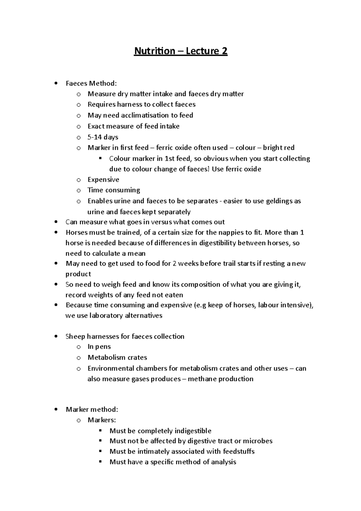 Nutrition - Lecture 2 - General - Nutrition – Lecture 2 Faeces Method ...