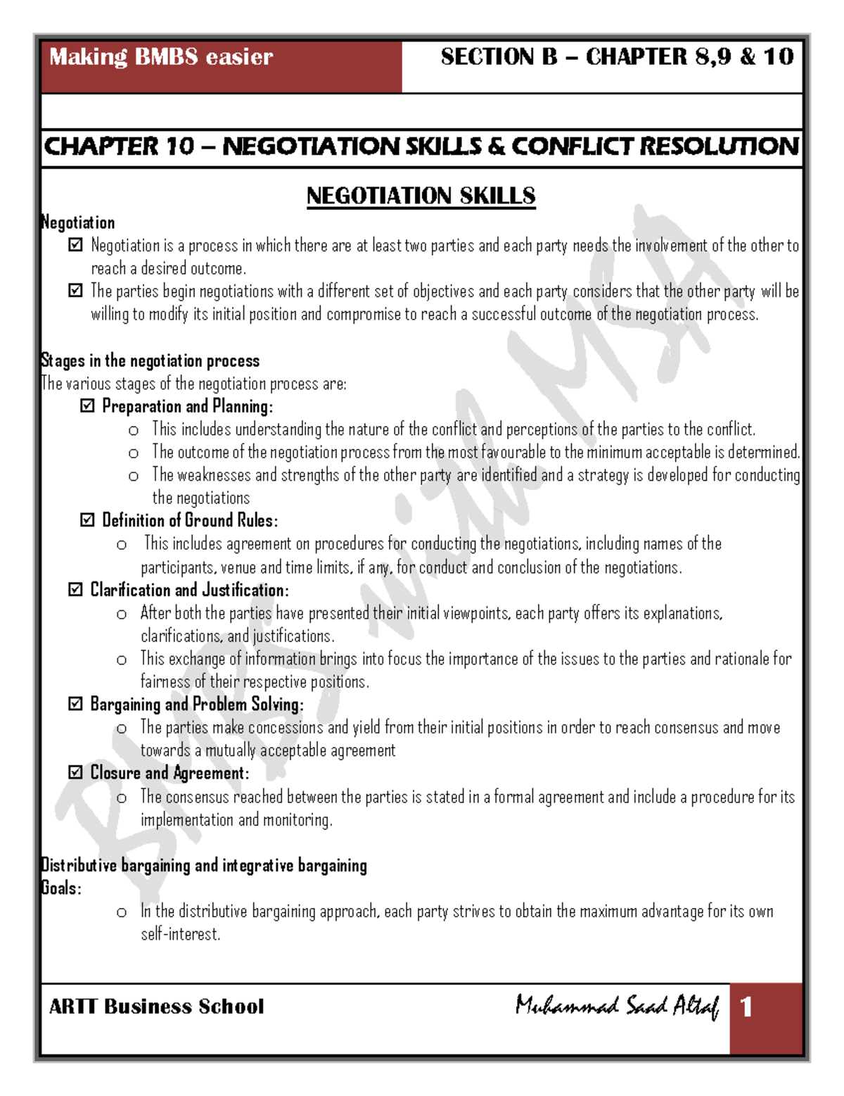 Chapter 10- notes -checked - CHAPTER 10 – NEGOTIATION SKILLS & CONFLICT ...