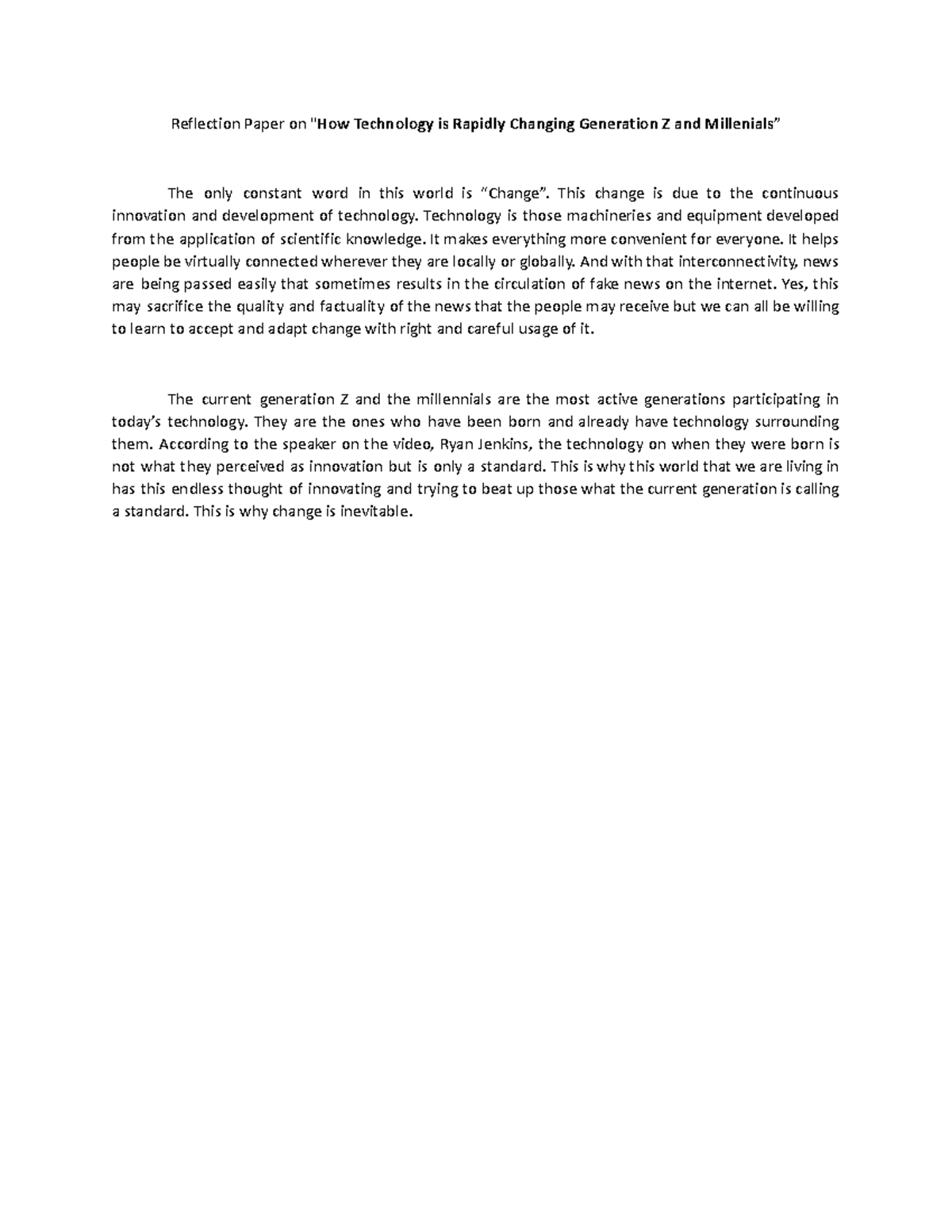 Untitled document - Reflection Paper on " How Technology is Rapidly ...