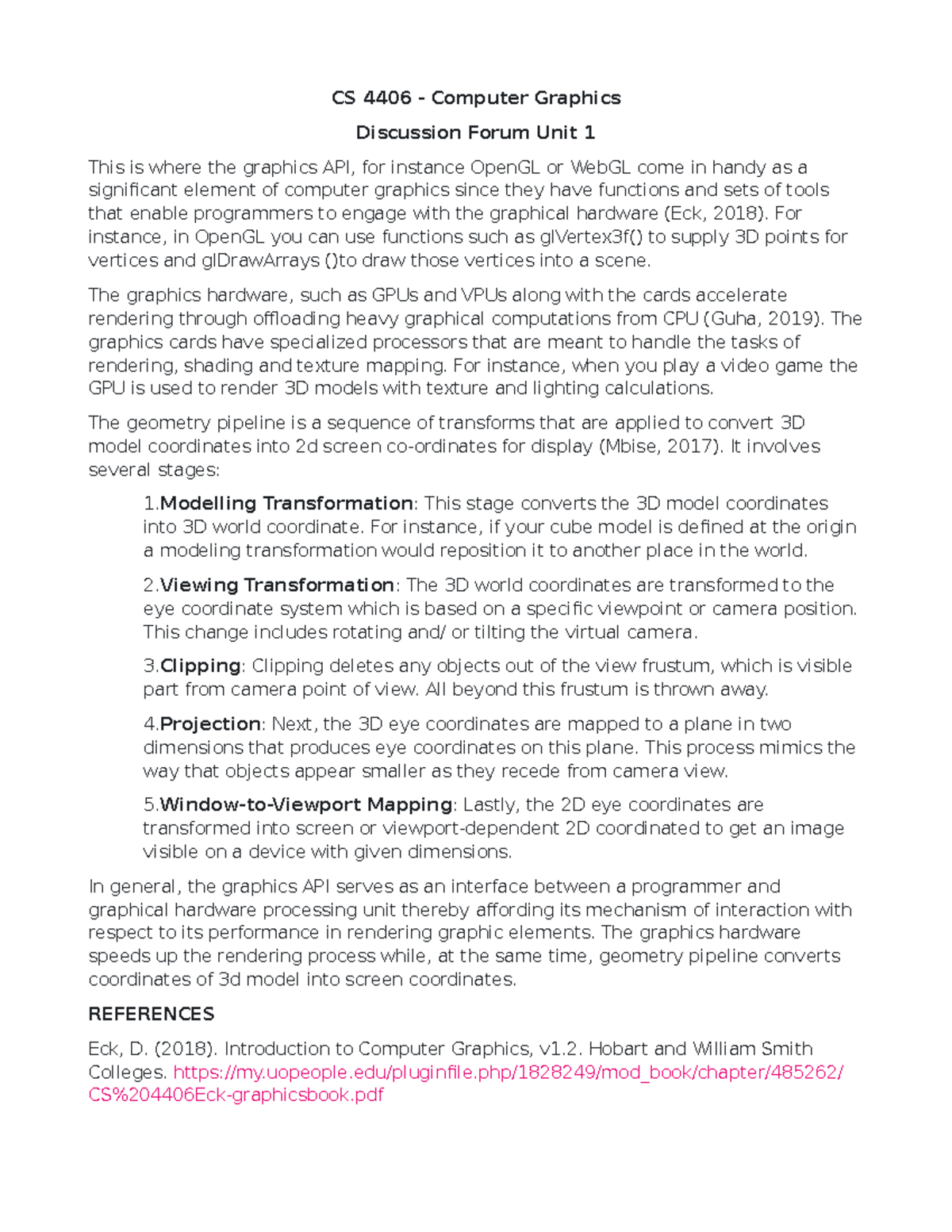 Discussion Post Unit 1-4 - CS 4406 - Computer Graphics Discussion Forum Unit 1 This is where the ...