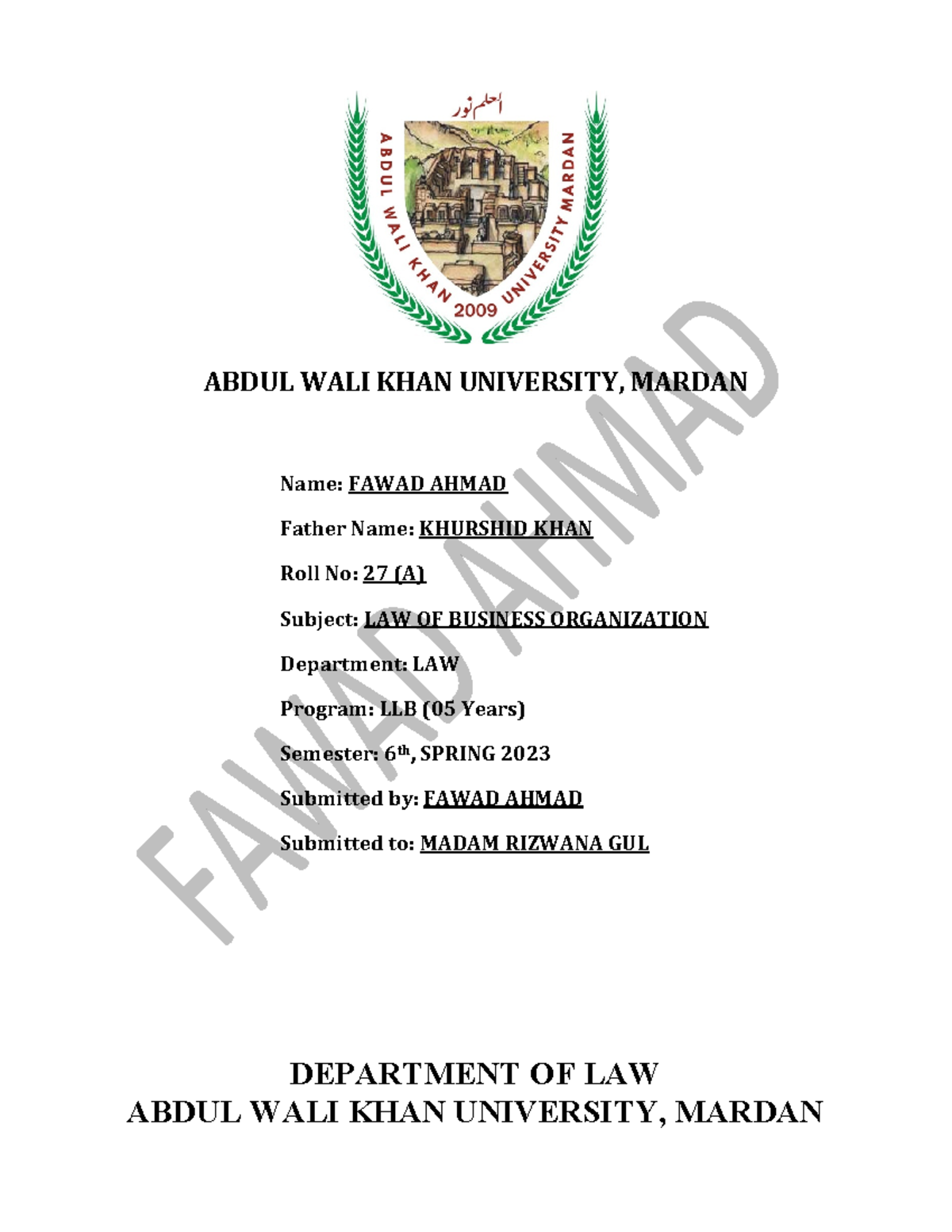 Dragons Dens - ABDUL WALI KHAN UNIVERSITY, MARDAN Name: FAWAD AHMAD ...