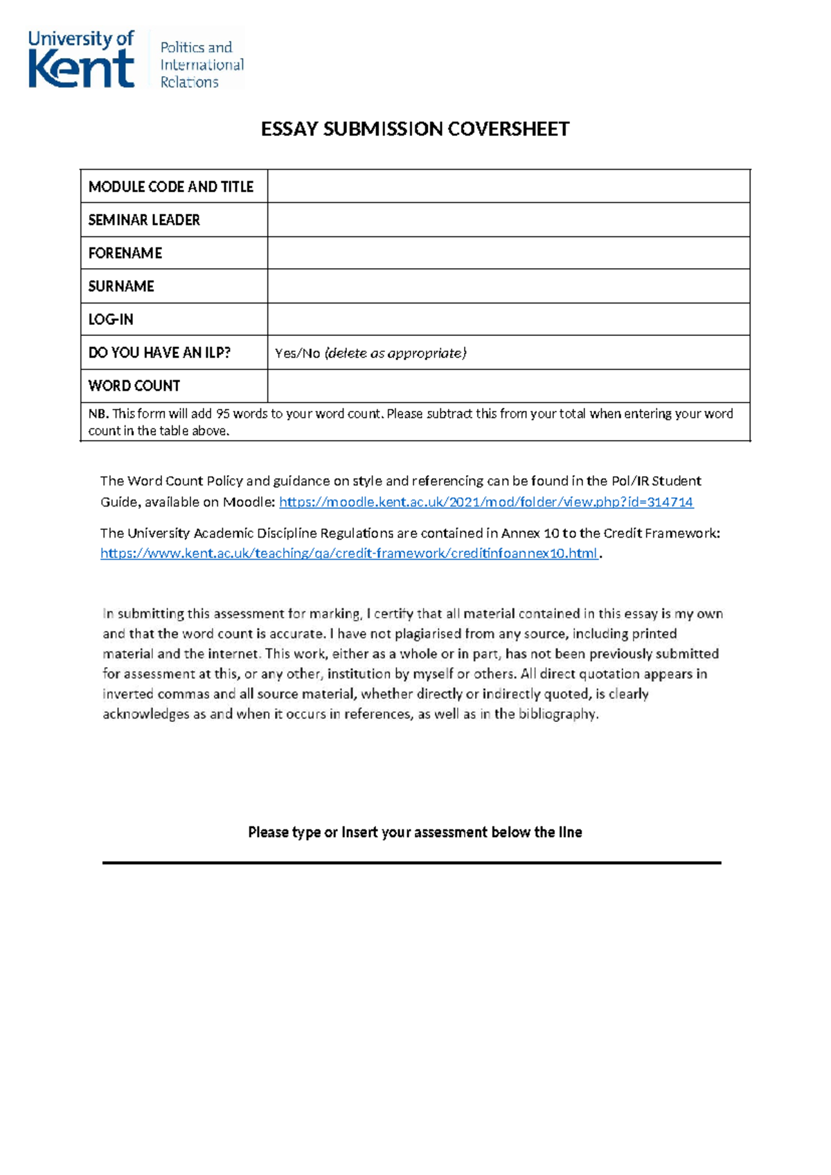 Pol IR Submission Coversheet - ESSAY SUBMISSION COVERSHEET MODULE CODE ...