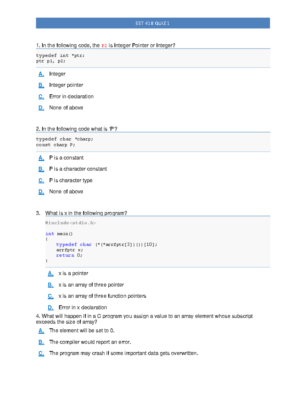 Quiz 1 01 B Integer Pointer 02 A P Is A Constant 1 In The