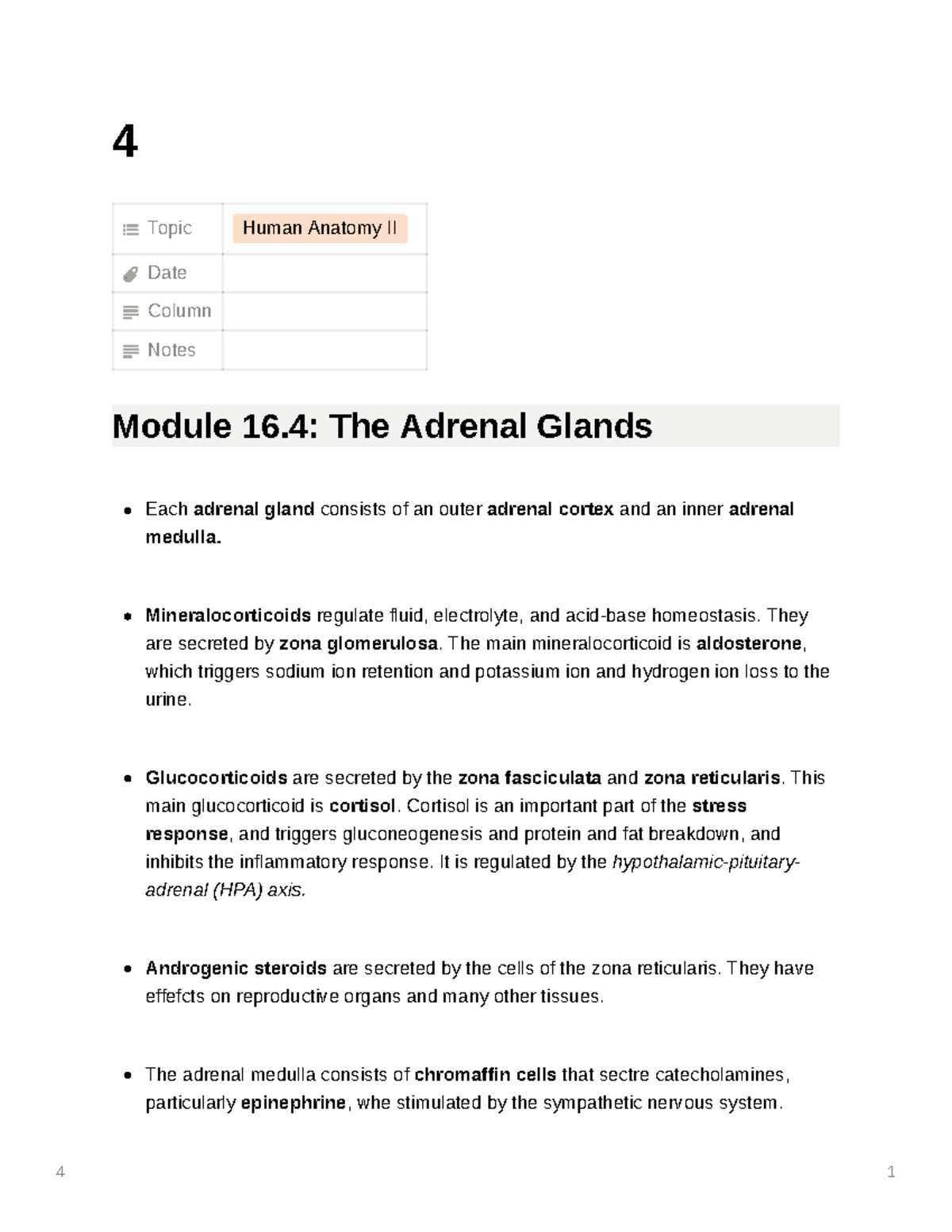 4 - good luck - 4 1 4 Topic Human Anatomy II Date Column Notes Module ...