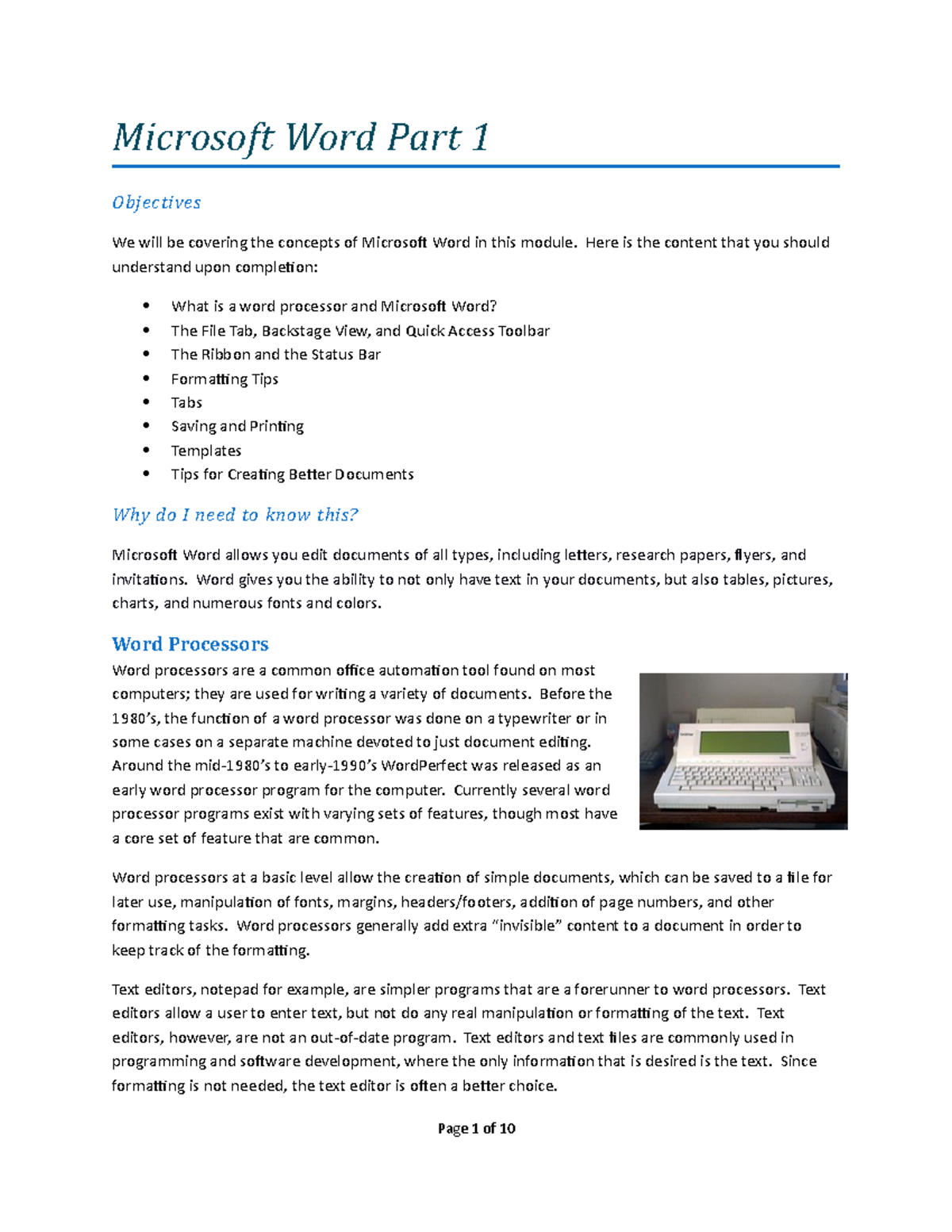 Chapter 6 Microsoft Word - Microsoft Word Part 1 Objectives We will be ...