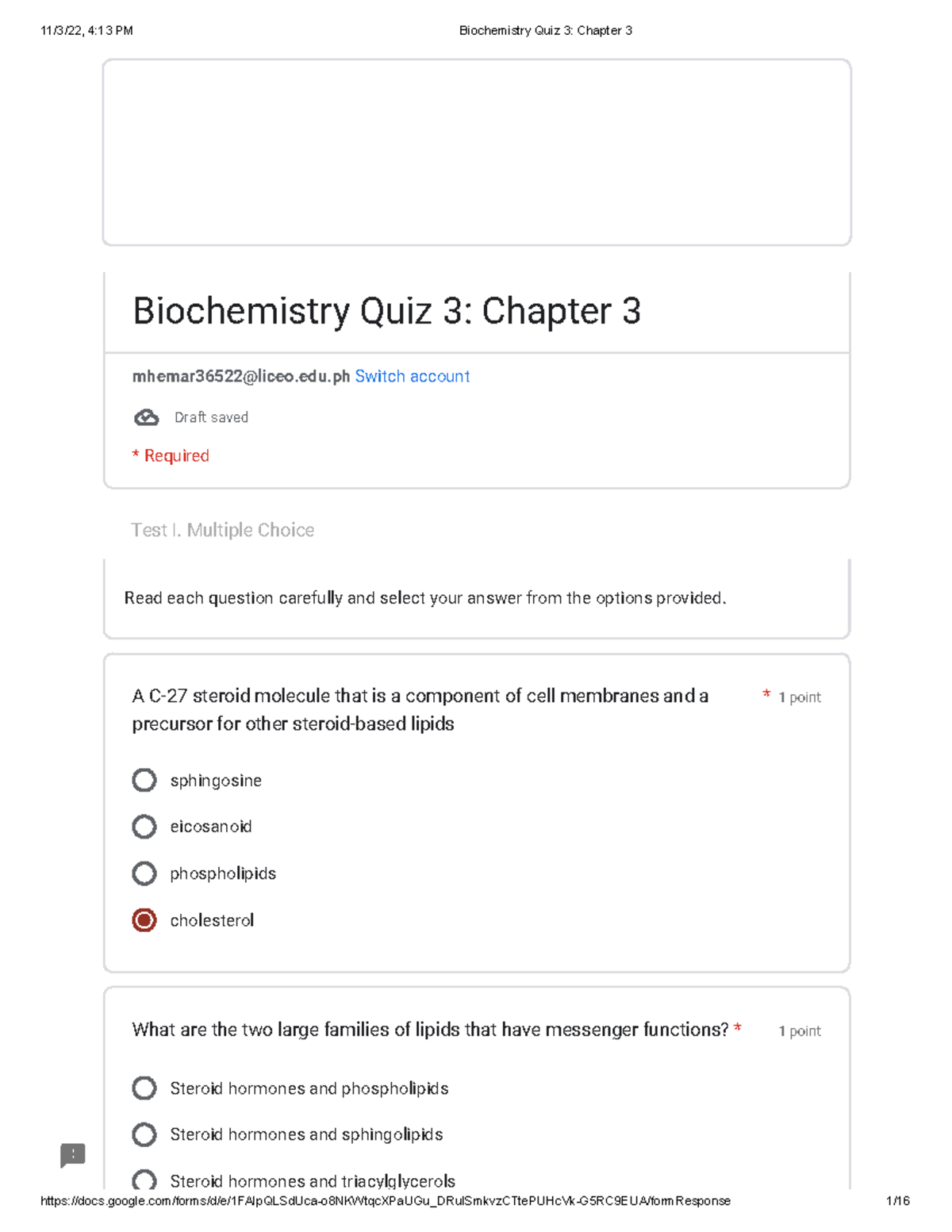 Biochemistry Quiz 3 Chapter 3 - Test I. Multiple Choice Read each ...