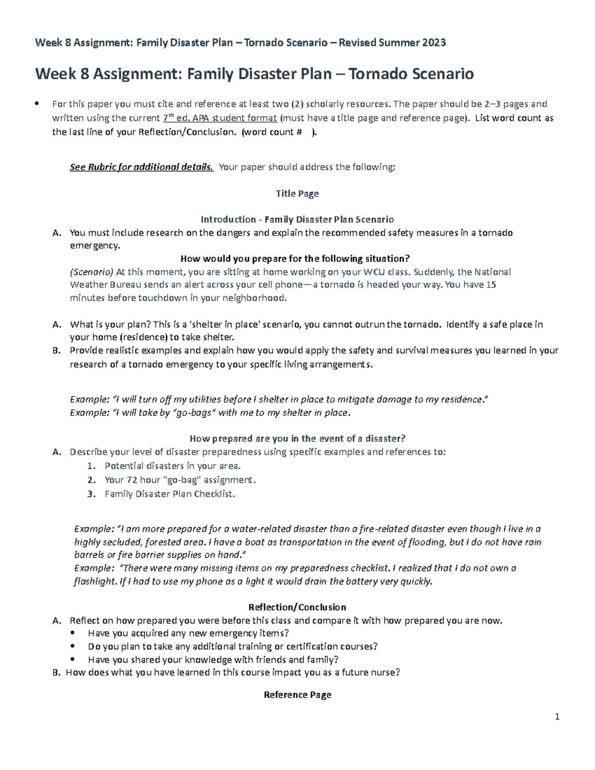 NURS 431 Week 8 Family Disaster Plan - Tornado Scenario Instructions ...