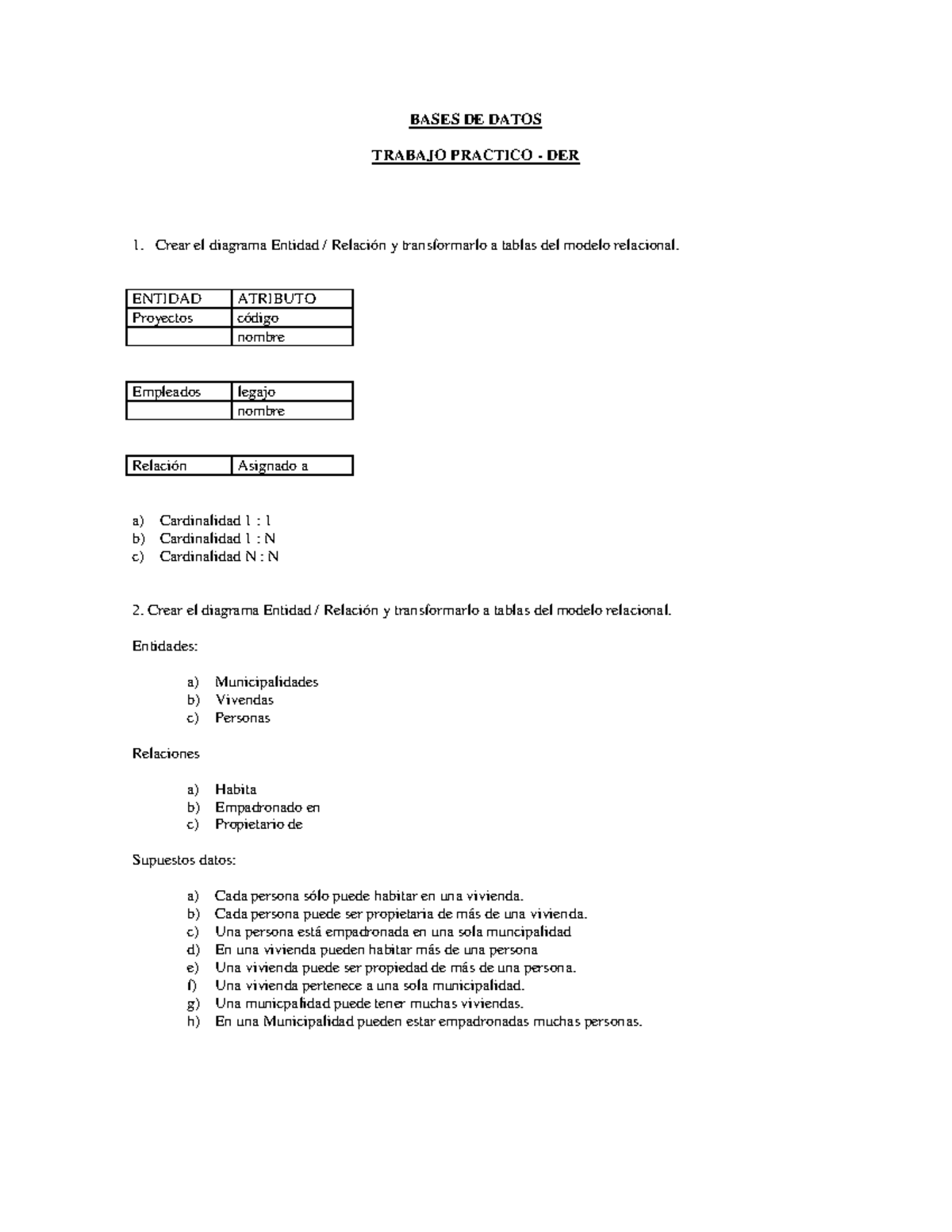 Trabajo Practico DER - BASES DE DATOS TRABAJO PRACTICO - DER Crear el ...