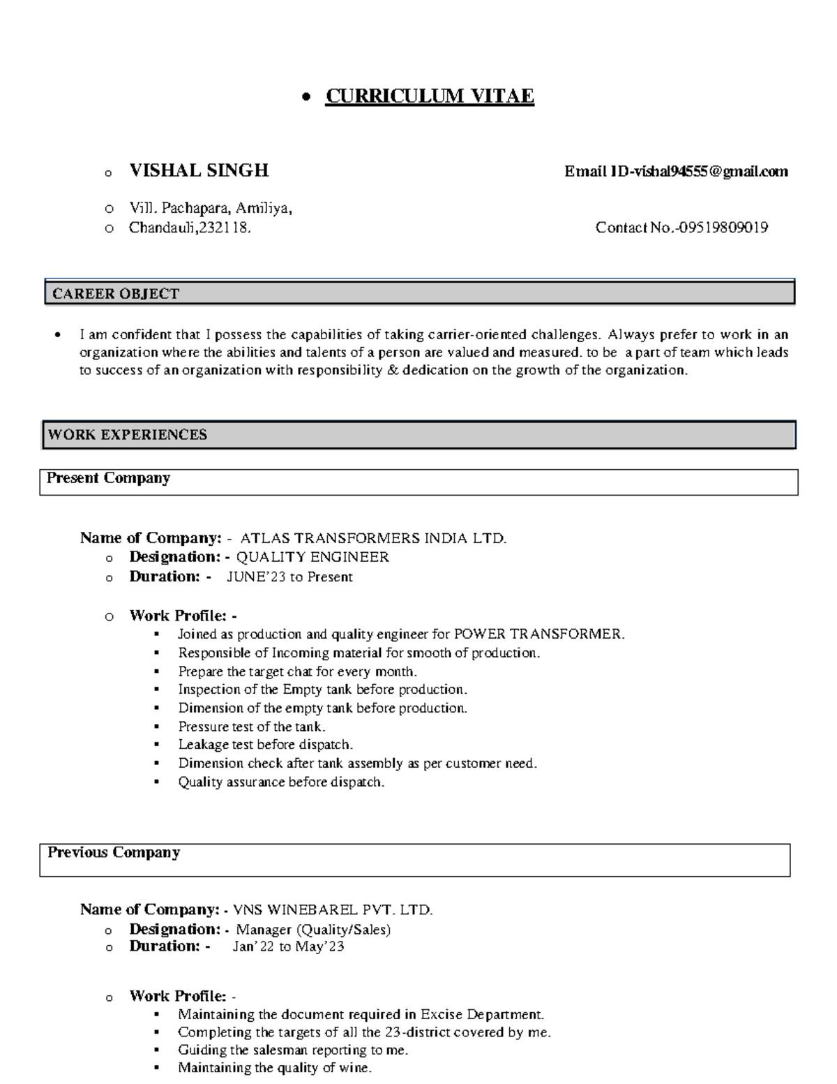 Final - • CURRICULUM VITAE o VISHAL SINGH Email ID-vishal94555@gmail o ...