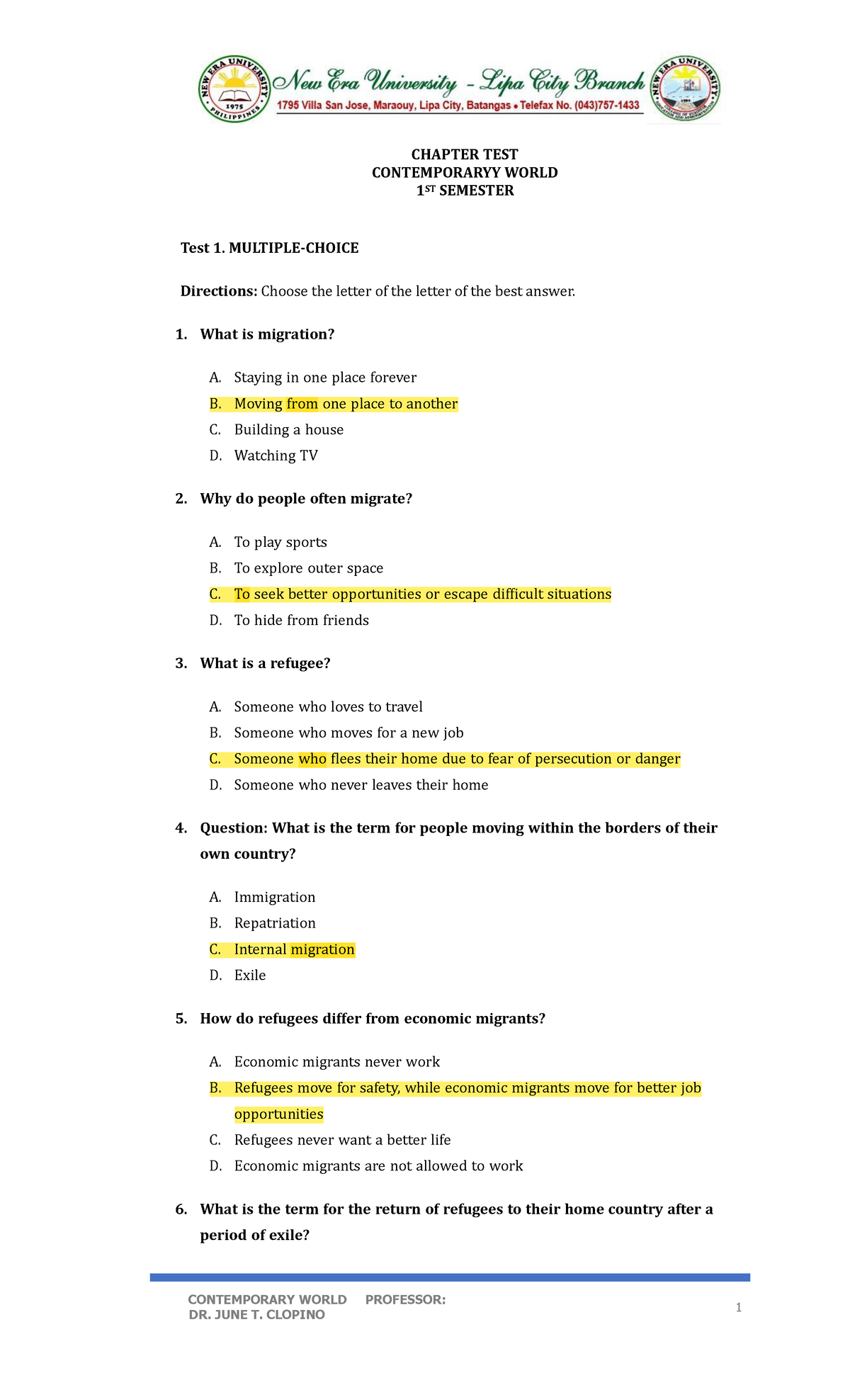 contemporary world - CONTEMPORARY WORLD PROFESSOR: 1 CHAPTER TEST ...