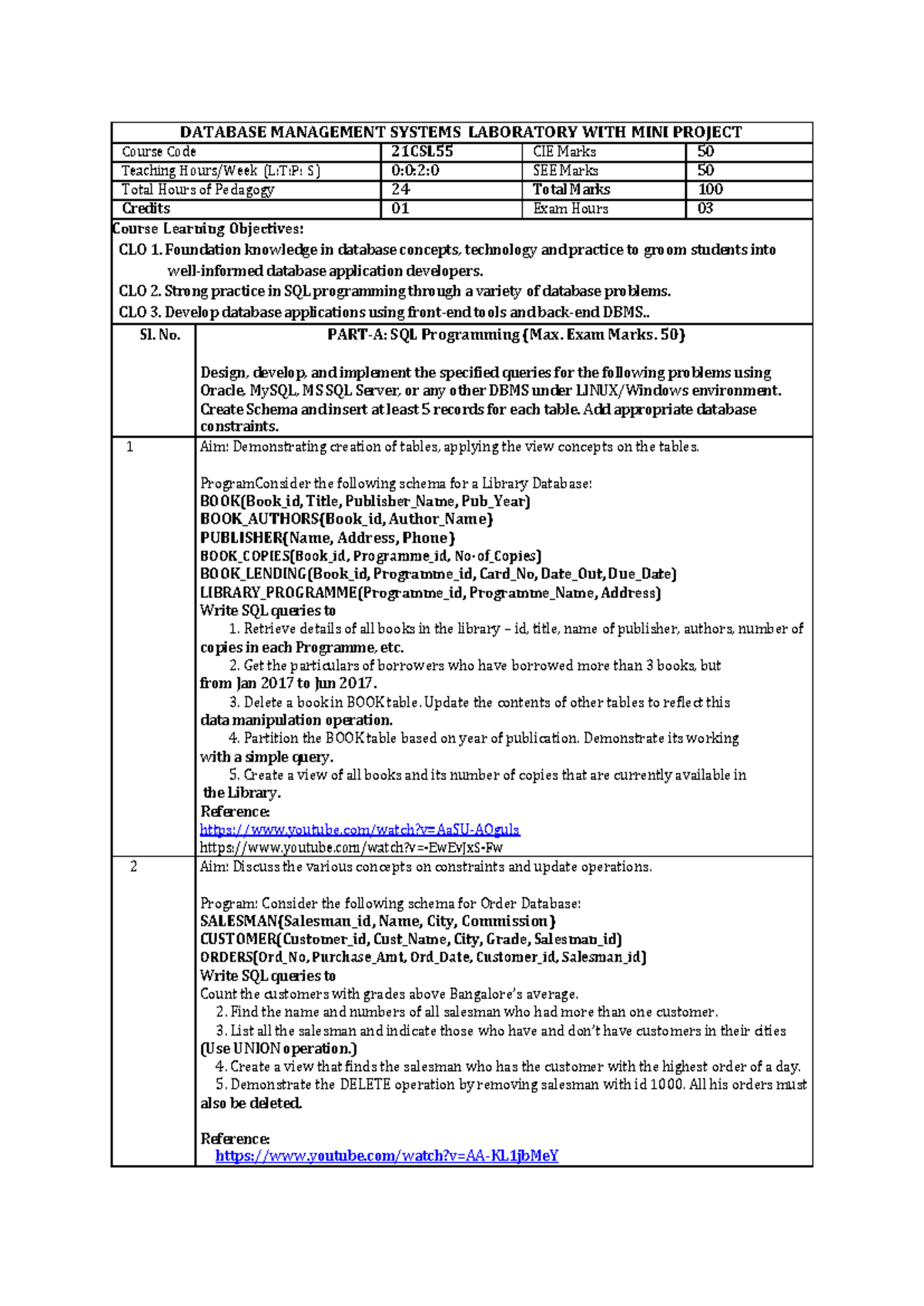 21CSL55-DBMS - Lab - DATABASE MANAGEMENT SYSTEMS LABORATORY WITH MINI PROJECT Course Code ...