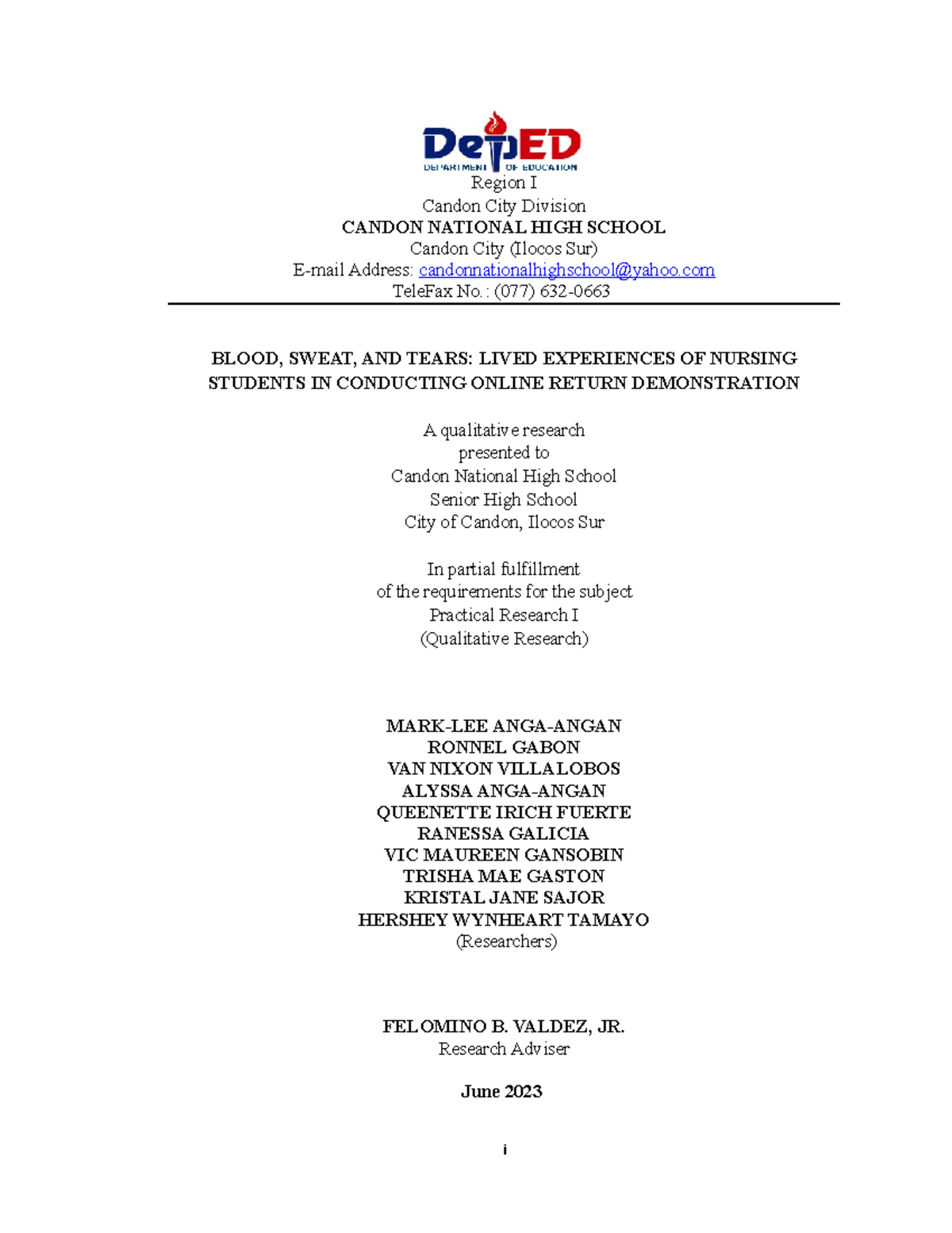 Qualitative Research CNHS 1 - Region I Candon City Division CANDON ...