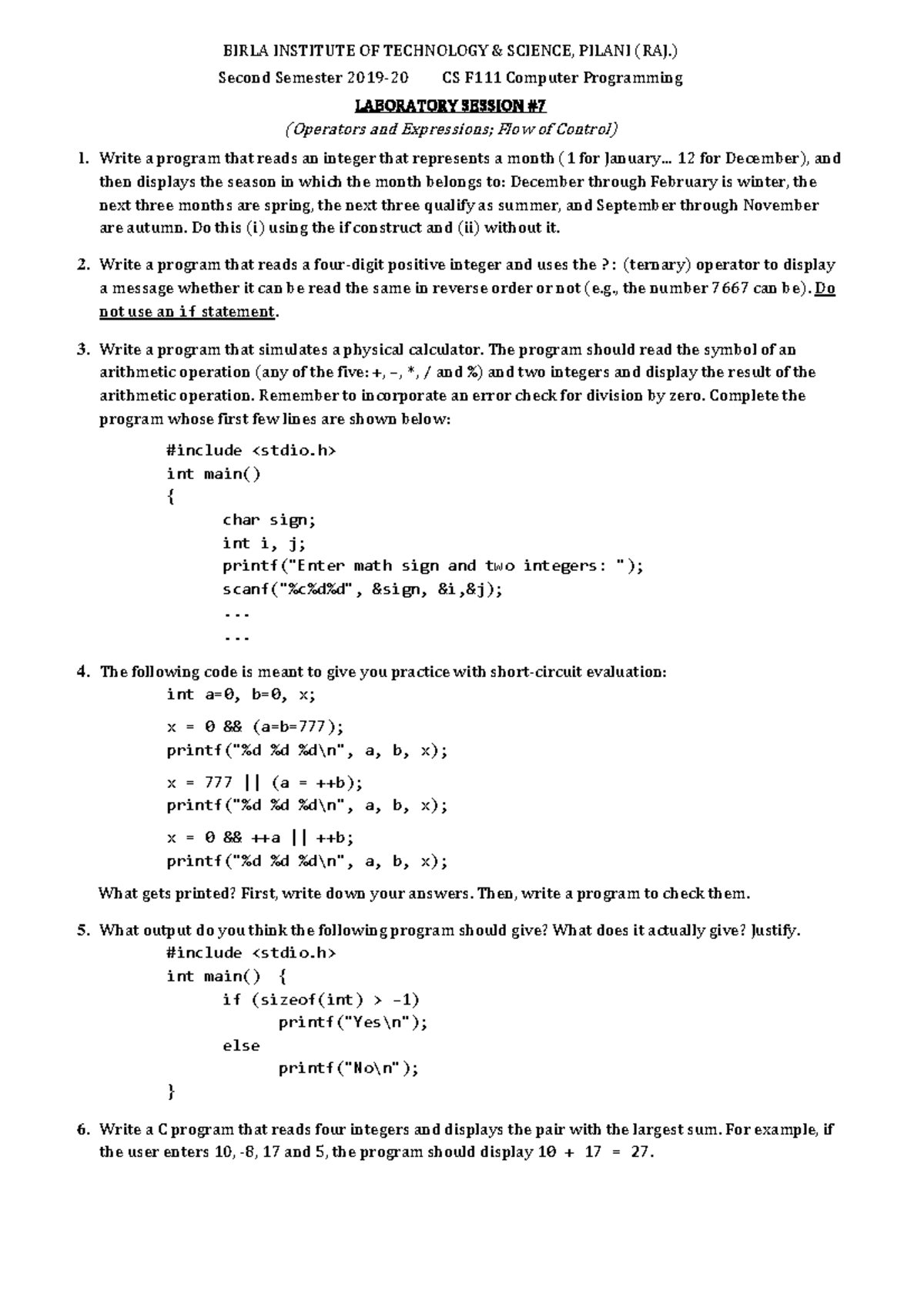 Lab07 - assignments - BIRLA INSTITUTE OF TECHNOLOGY & SCIENCE, PILANI ...