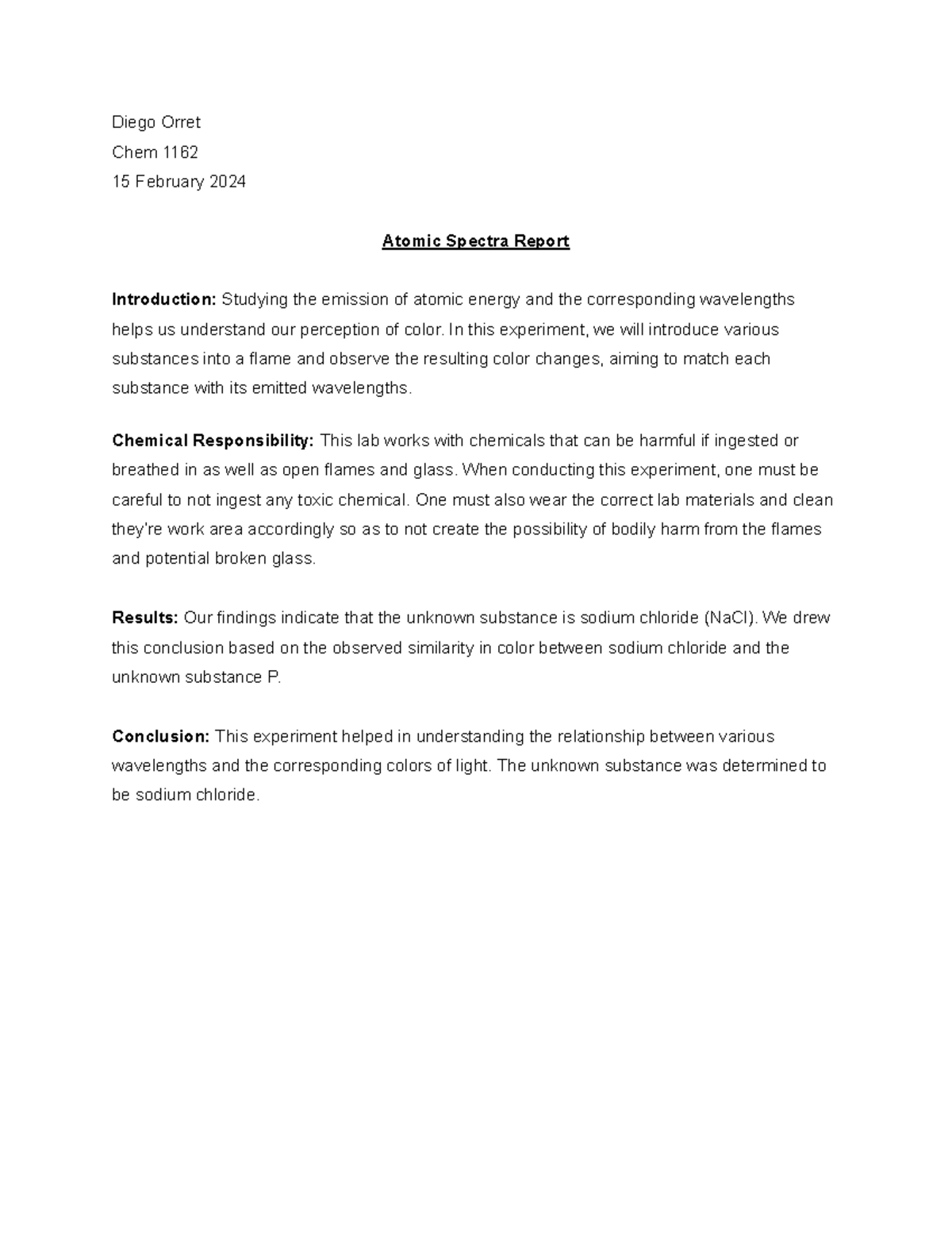 Atomic Spectra Lab Report - Diego Orret Chem 1162 15 February 2024 ...
