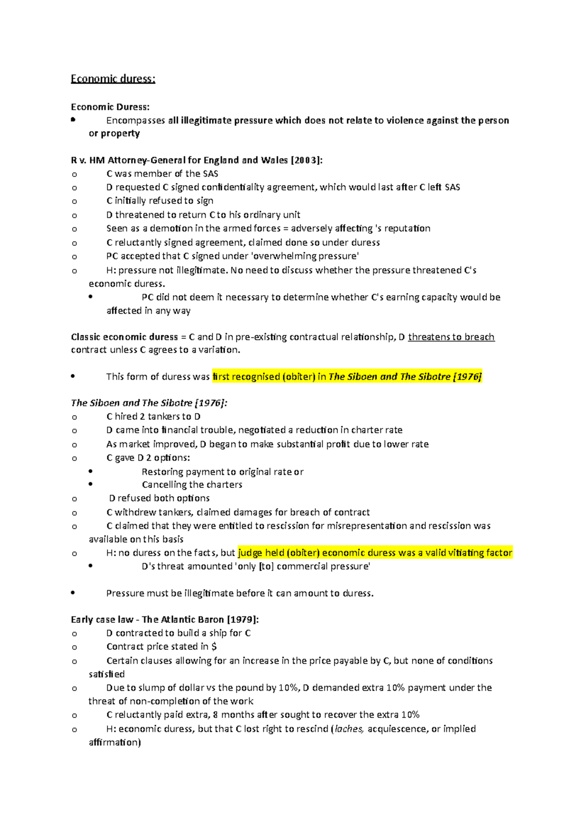 Economic duress - Lecture notes 6-8 - Economic duress: Economic Duress ...