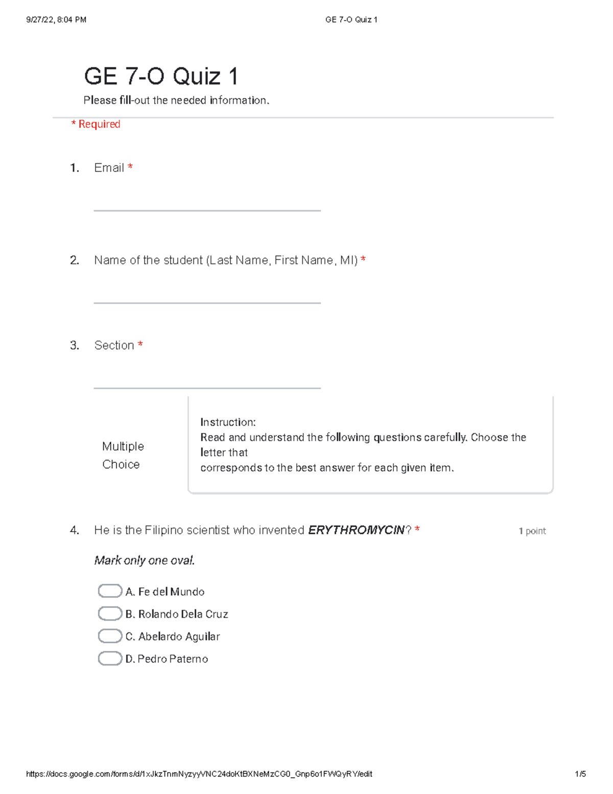GE 7-Quiz 1 - Google Forms - 1. Email * 2. 3. Multiple Choice ...