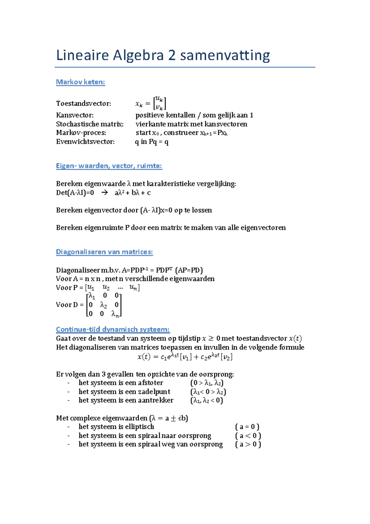 Samenvatting Lineaire Algebra 2 - Lineaire Algebra 2 samenvatting ...