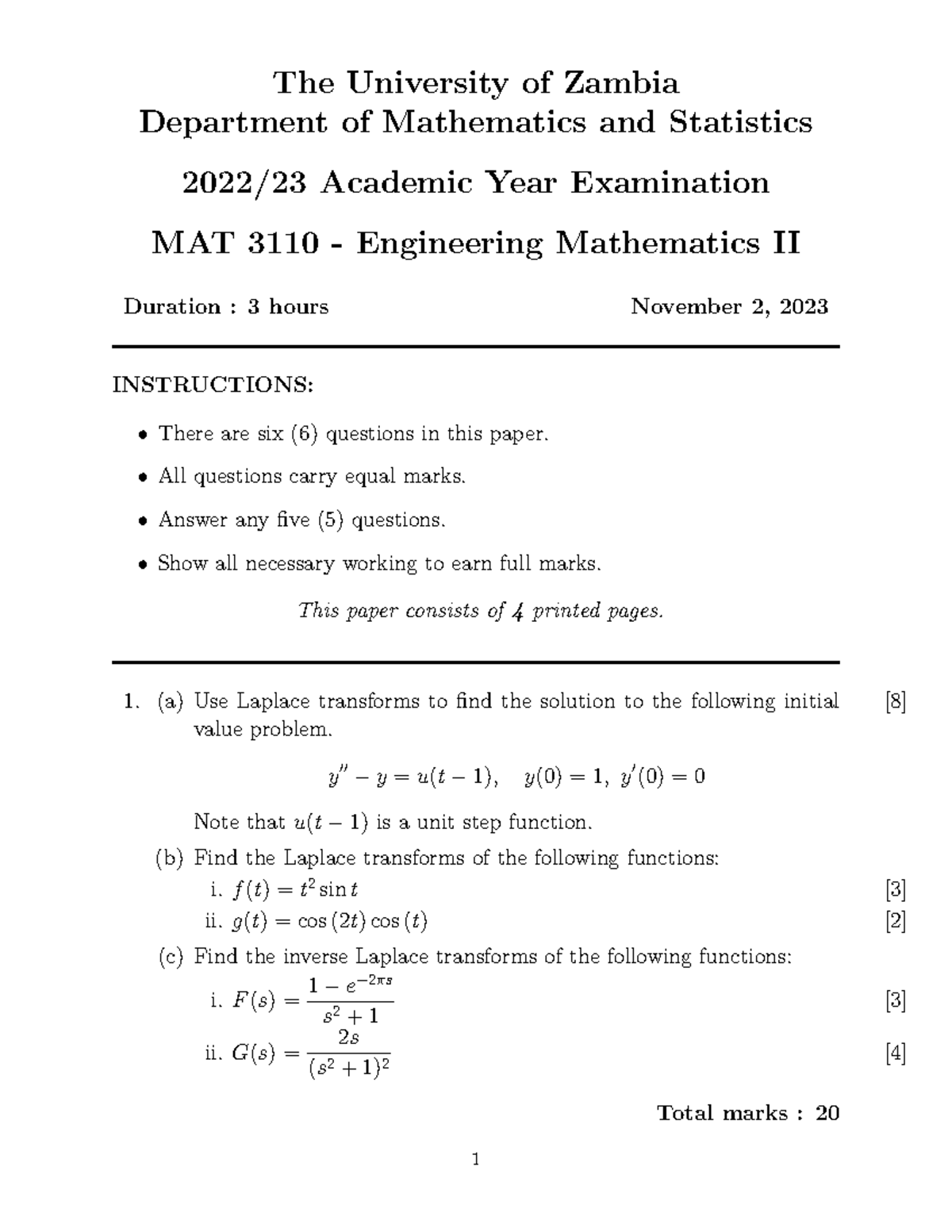 MAT 3110 EXAM 2022 23 - The University of Zambia Department of Mathematics and Statistics 2022/ ...