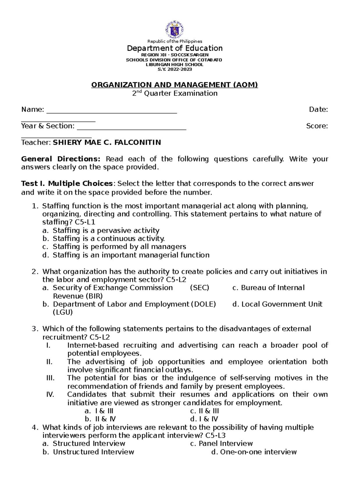 AOM (Final) - AOM-EXAM - Department of Education REGION XII ...