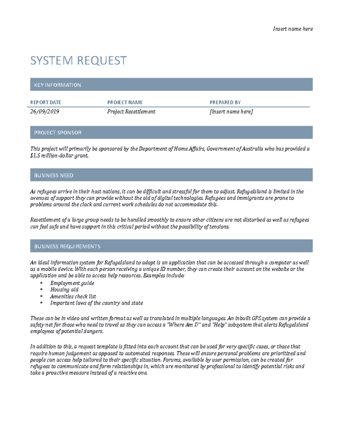 System request - Insert name here SYSTEM REQUEST KEY INFORMATION REPORT ...