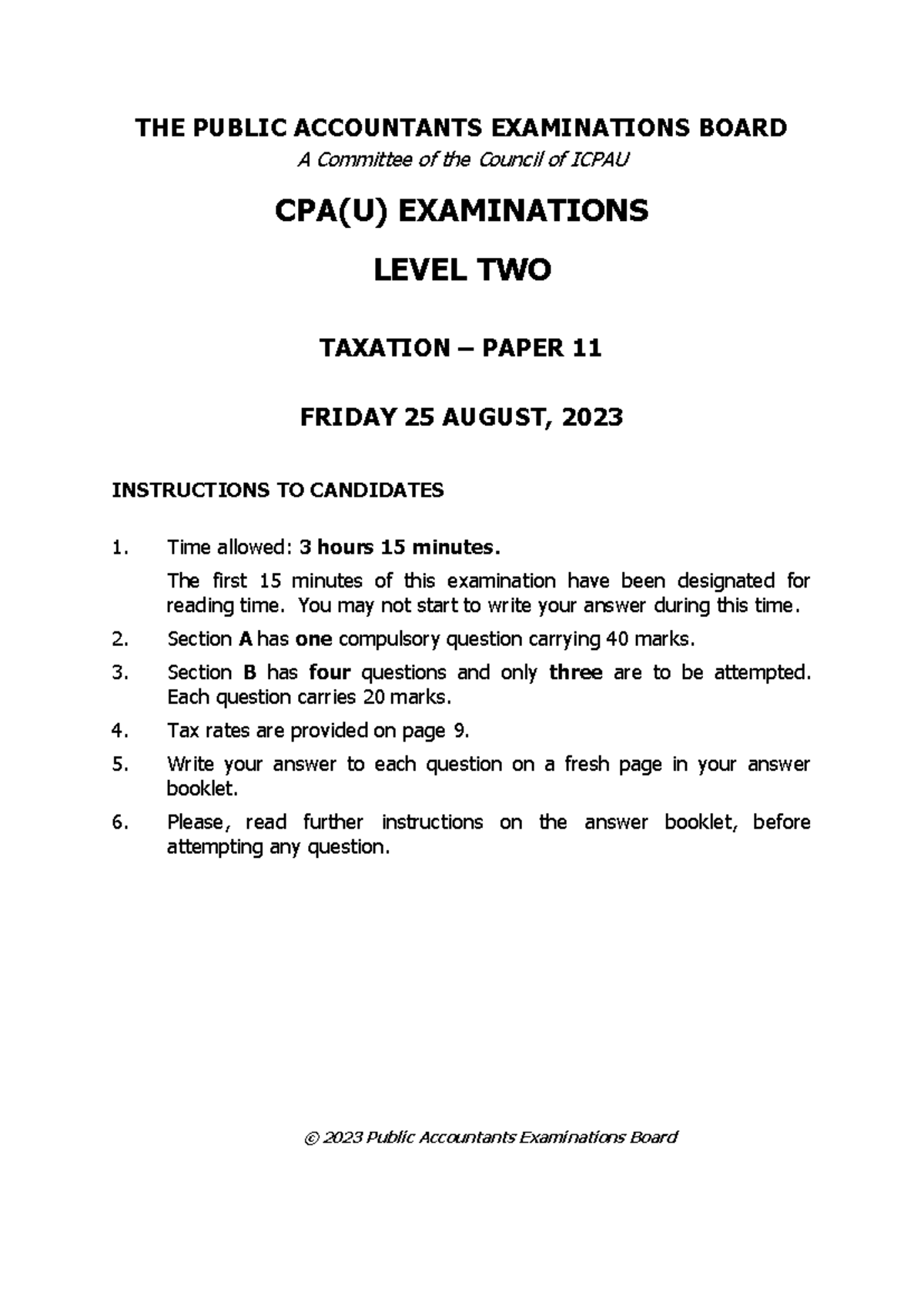 CPA Paper 11 Taxation - Test - THE PUBLIC ACCOUNTANTS EXAMINATIONS ...