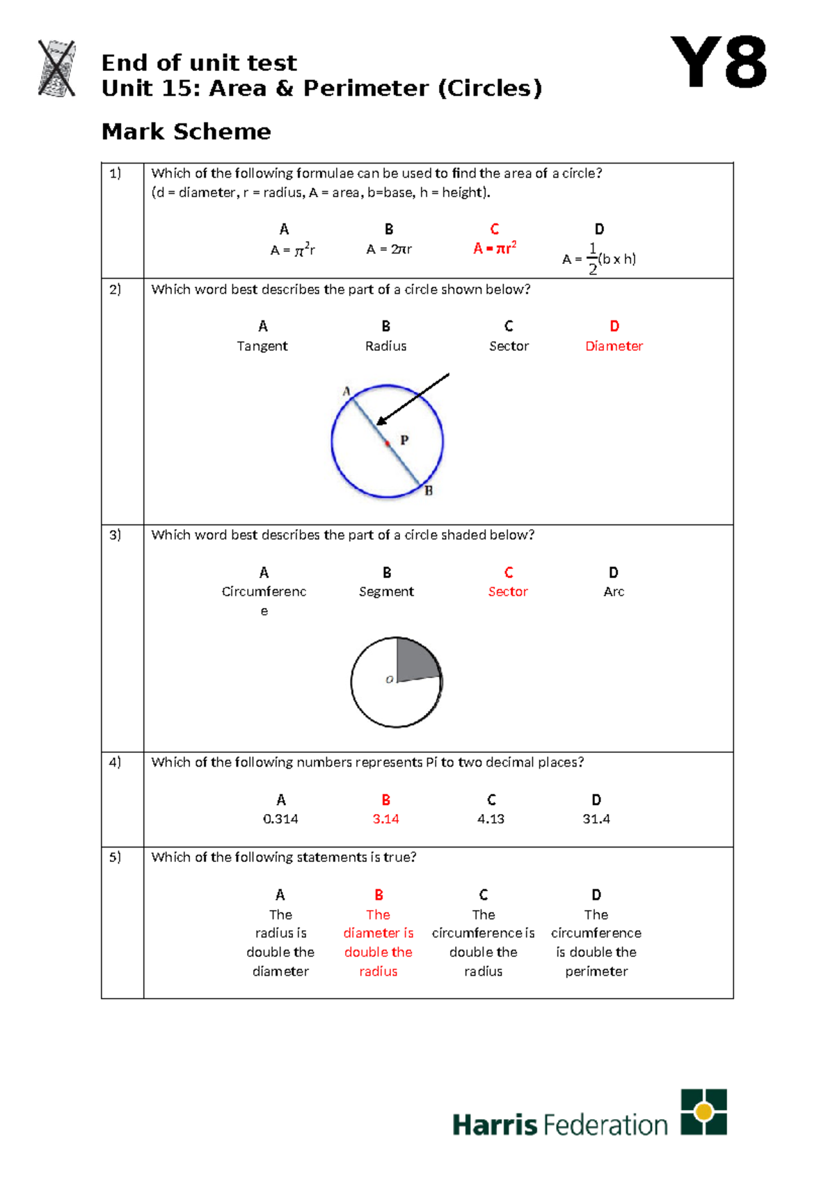 Year 8 Unit 15 Area & Perimeter (Circles) TEST MS - End of unit test ...
